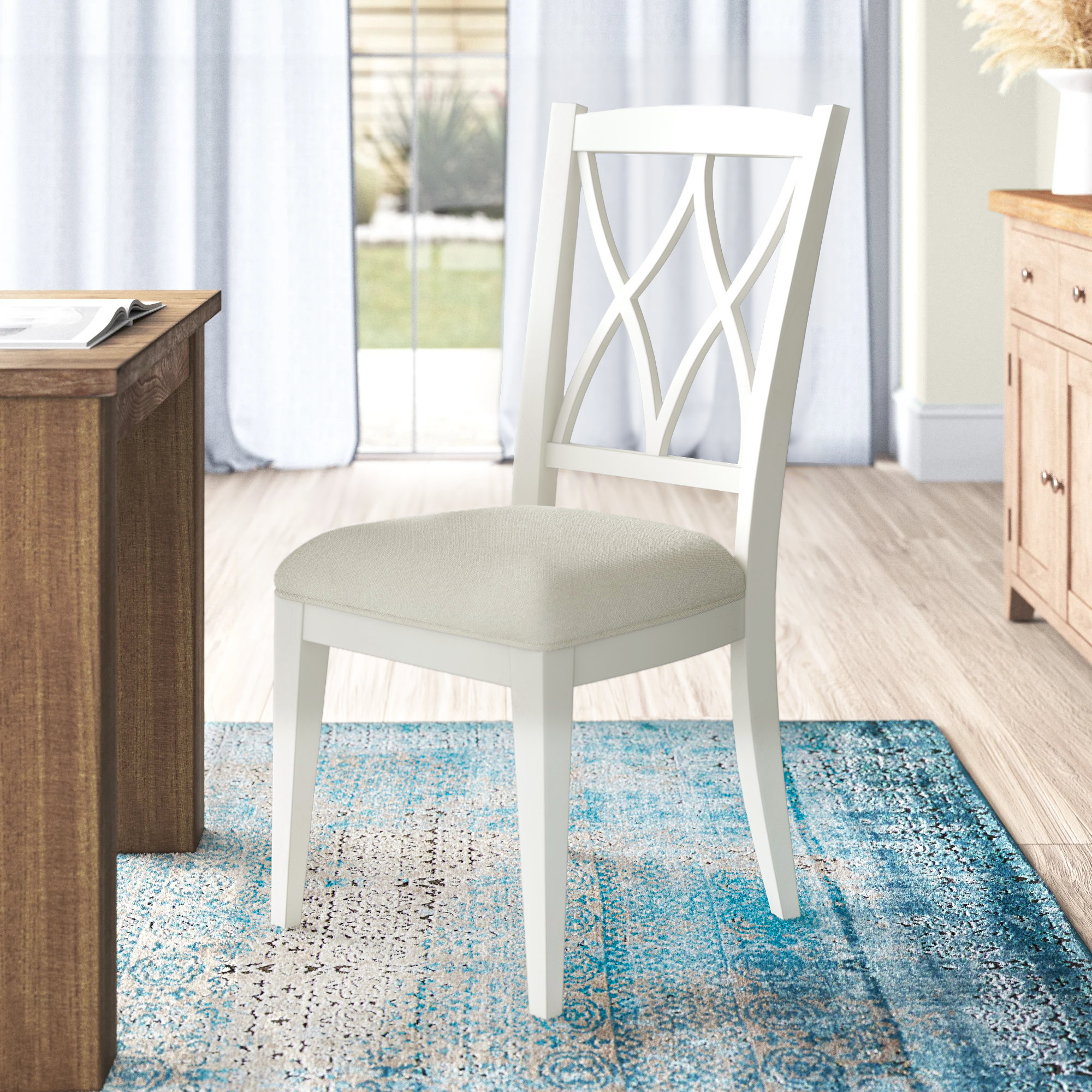 Beachcrest Home™ Elnora Upholstered Cross Back Side Chair in Paperwhite ...