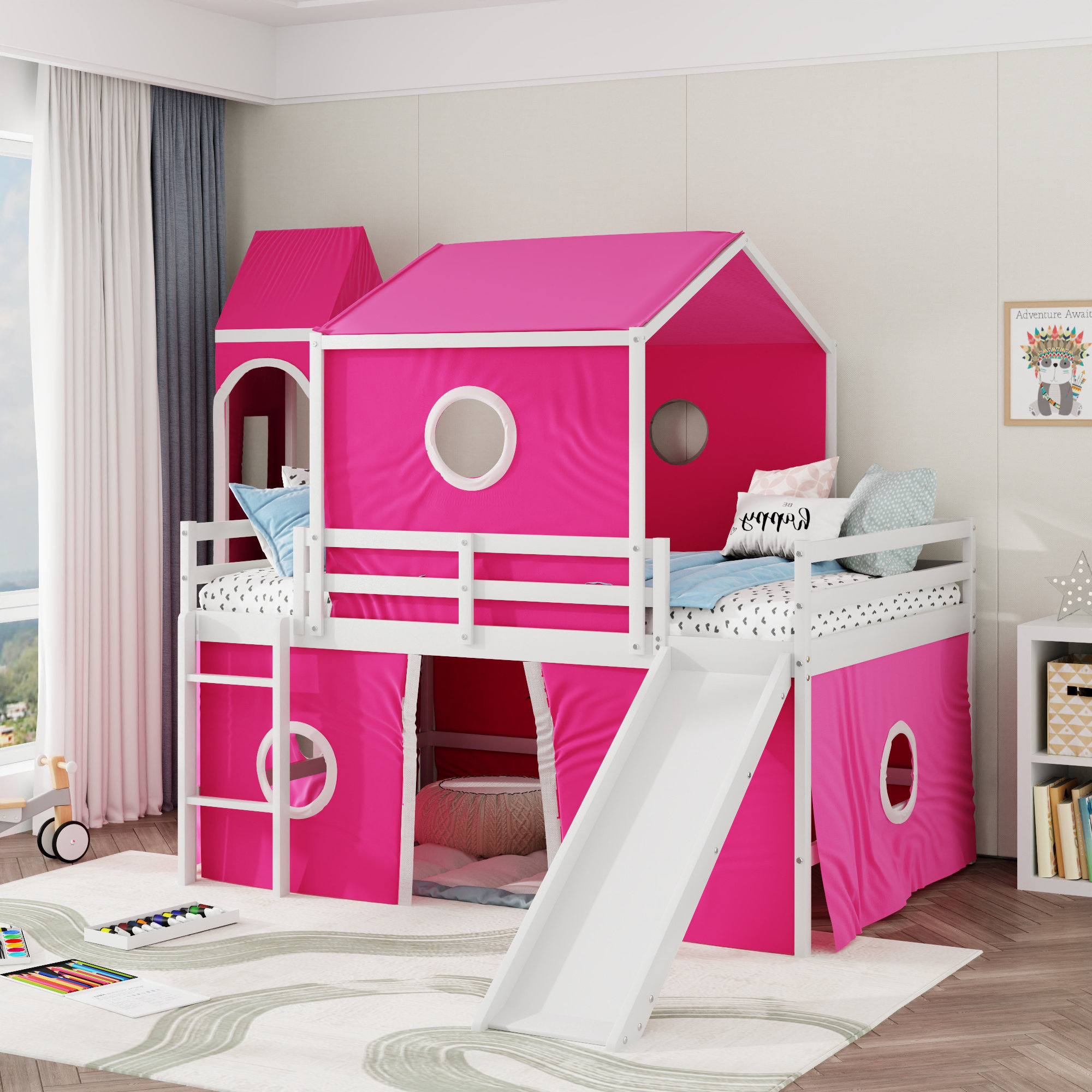 Harriet Bee Full Size Loft Bed with Slide, Pink Tent & Tower, Kids Loft ...