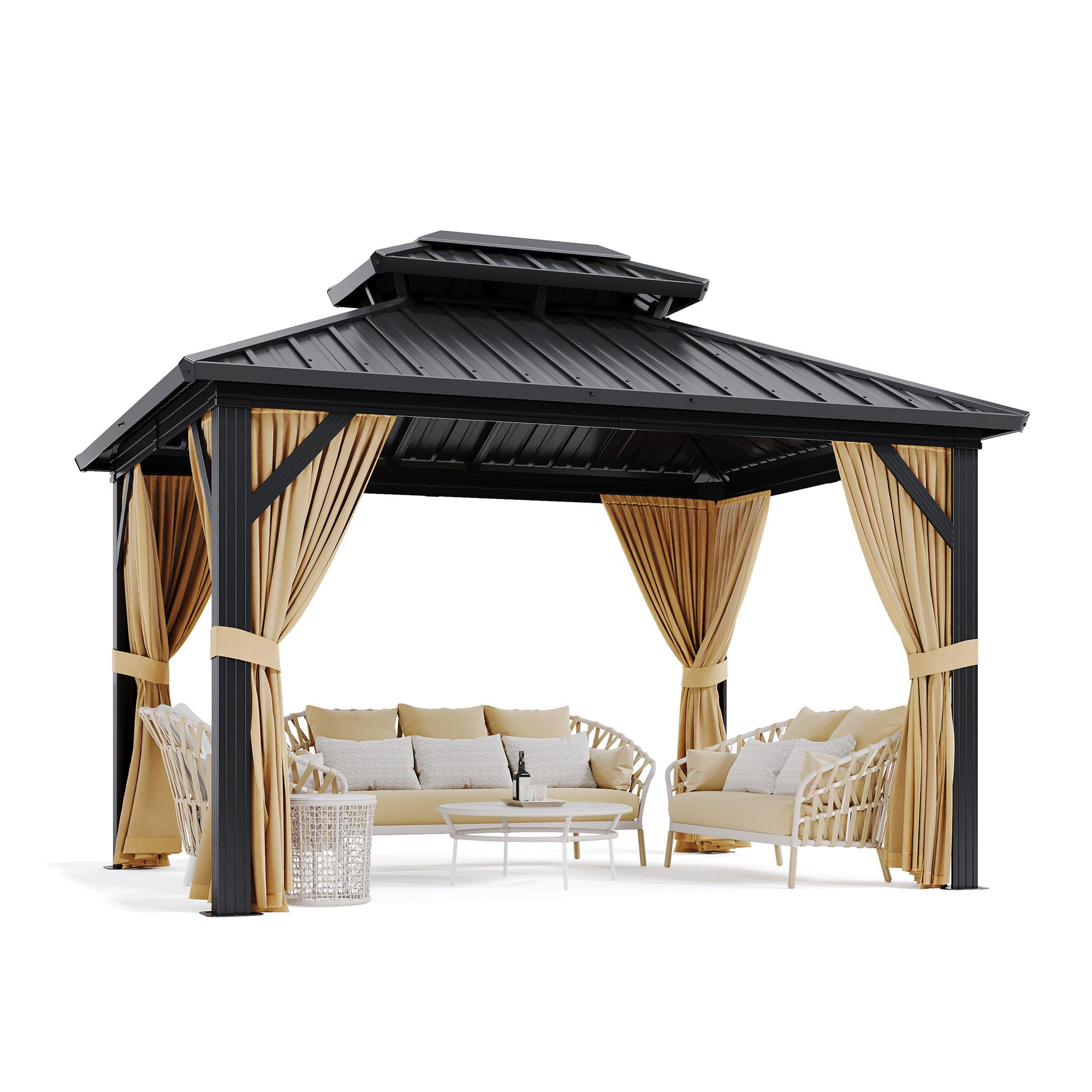 babevy Hardtop Spruce Wood Gazebo 12'x12', with Double Roof of Metal ...