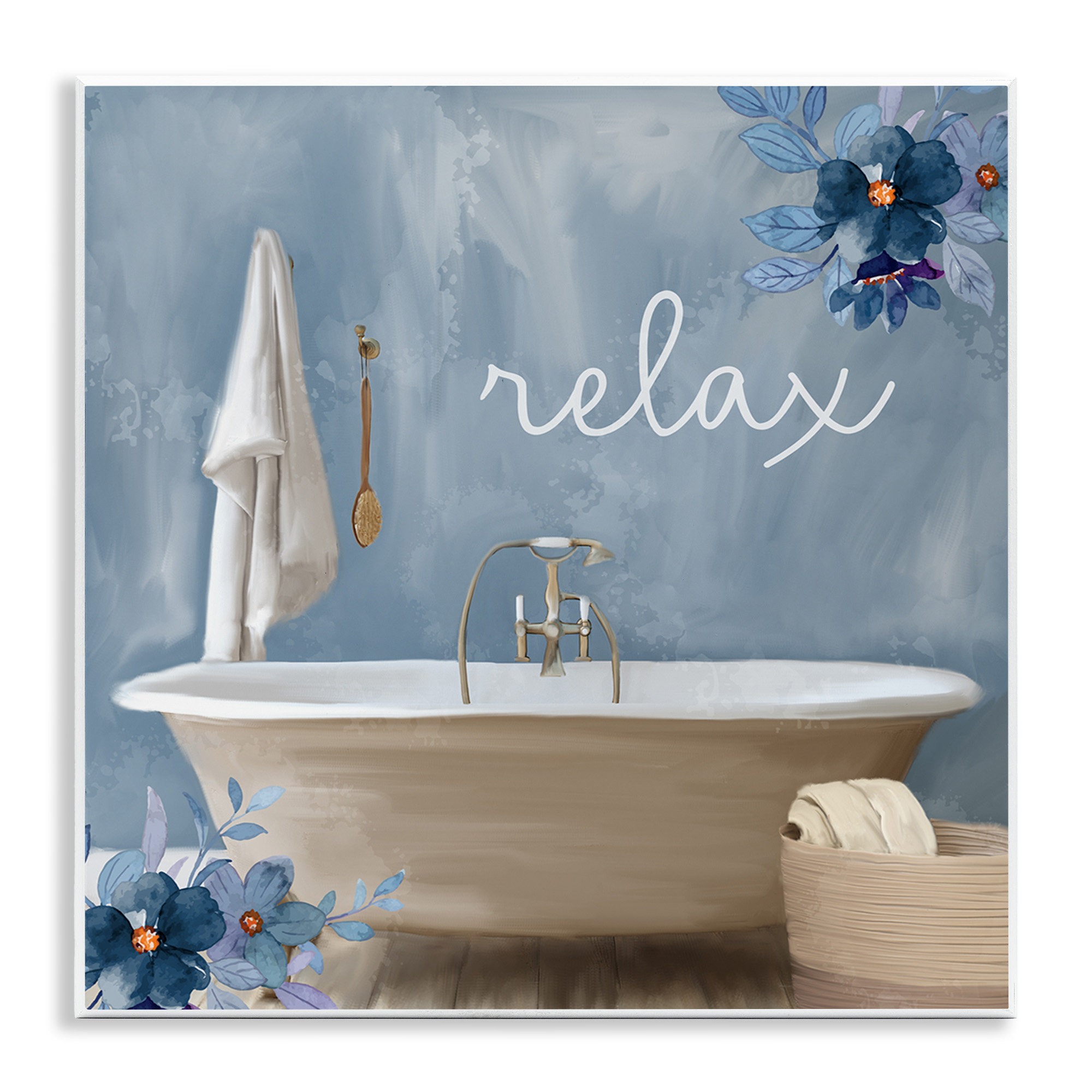 Stupell Industries Blue Floral Relax Bathroom Scene Wall Plaque Art By ...