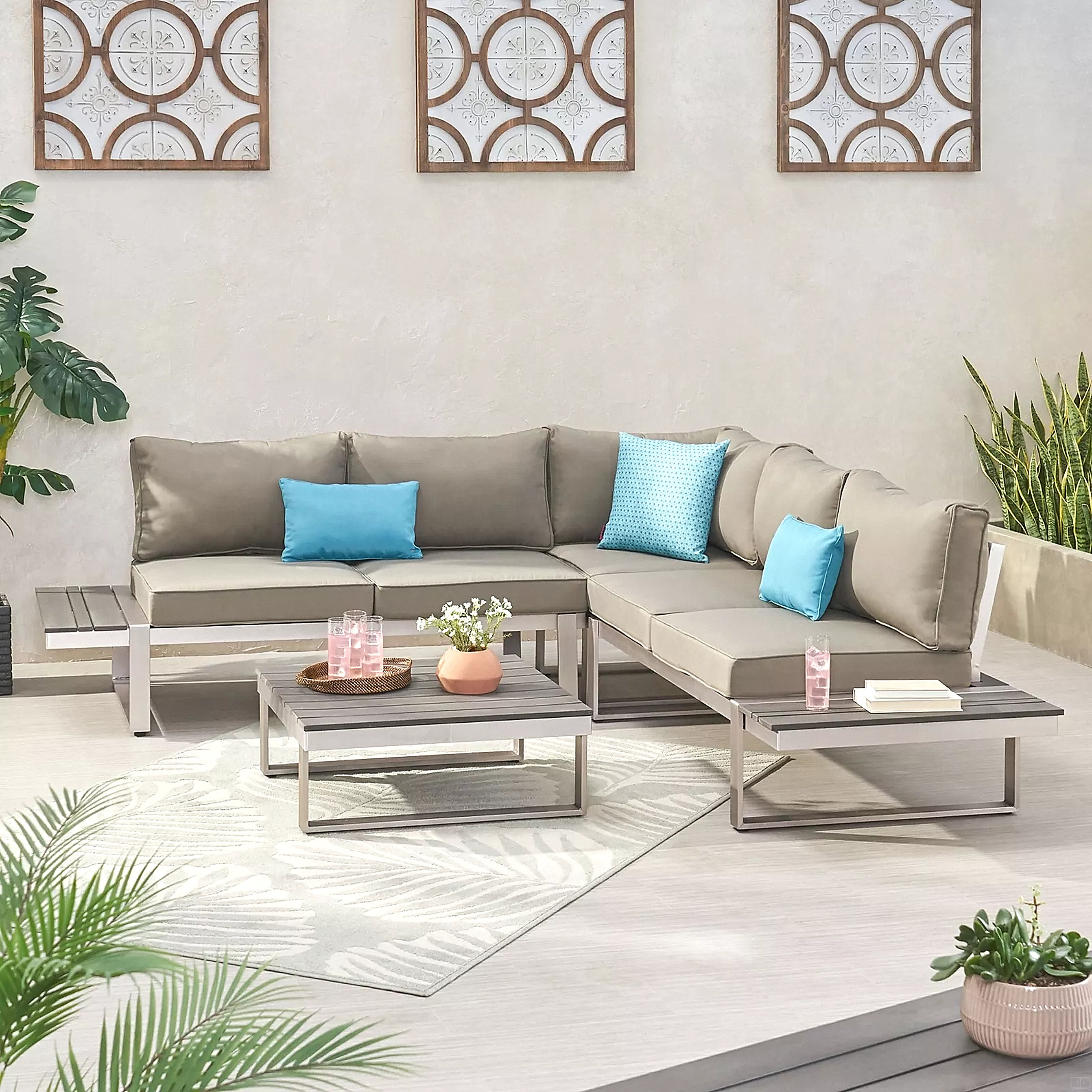 Hokku Designs Outdoor Aluminum V-Shaped 5 Seater Sofa Set With Cushions ...