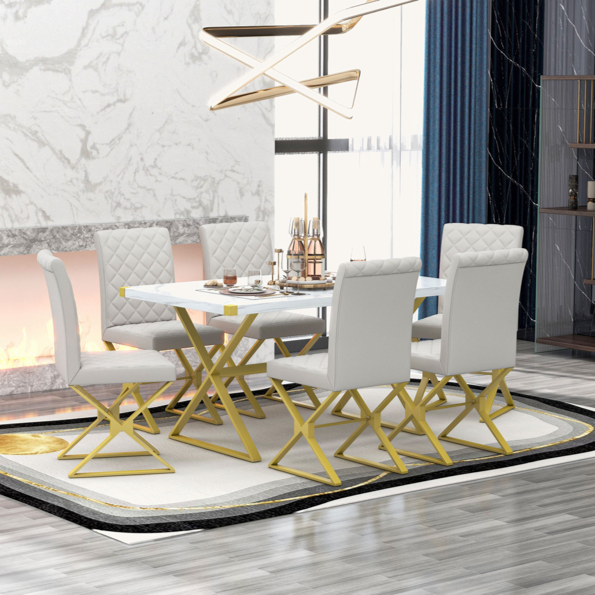 Tech Cube 7-Piece Modern Dining Table Set, Rectangular Texture Kitchen ...