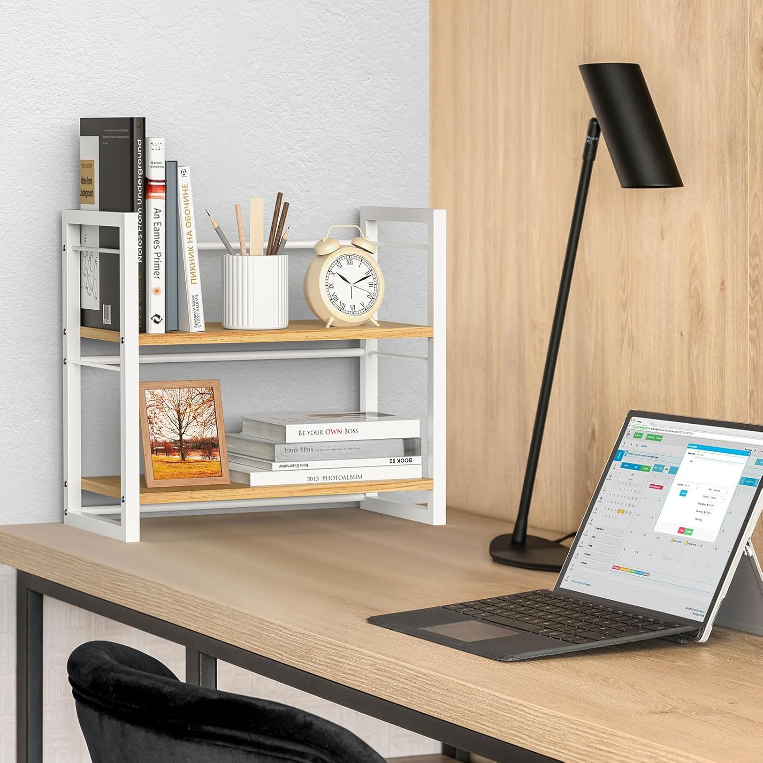 Latitude Run® Office Desk Shelf Organizer, Wood Desktop Bookshelf ...