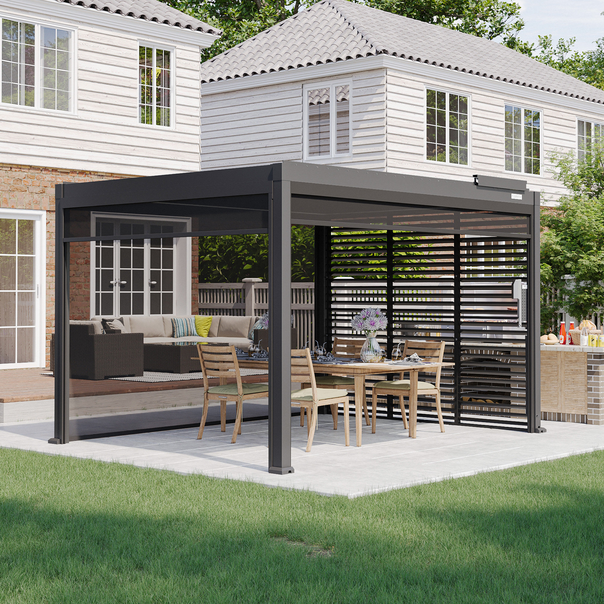 Flexpatio 13 Ft. W X 10 Ft. D Power+ Pergola W/ Motorized Roof + 3-Side ...