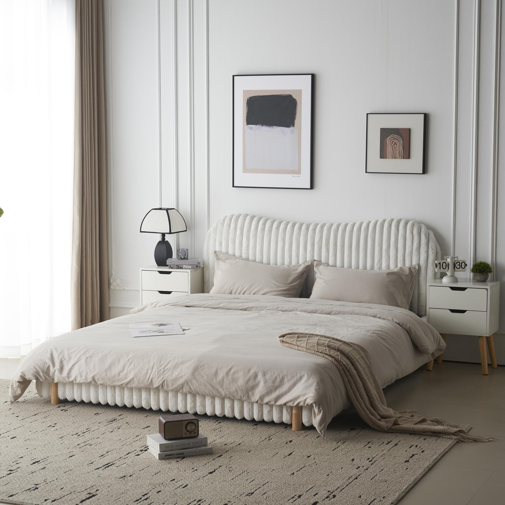 Ivy Bronx Sleek White Boucle Upholstered Bed with Wavy Headboard ...