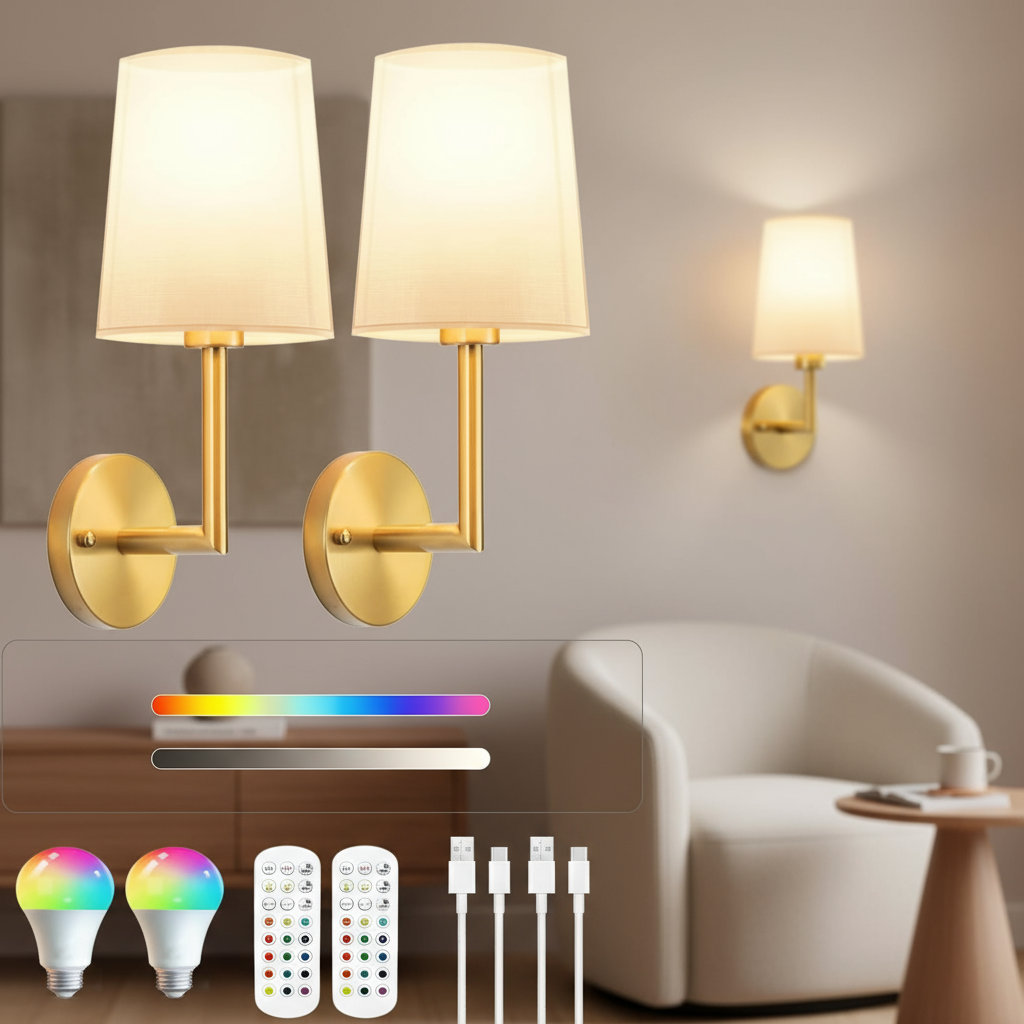 Orren Ellis Two Gold-Plated Wireless Battery-Powered Wall Lamps ...