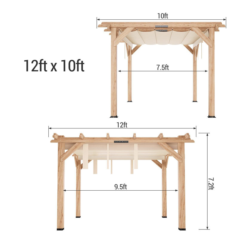 babevy Cedar Wood Pergola With Solid Structure, Retractable Shade ...