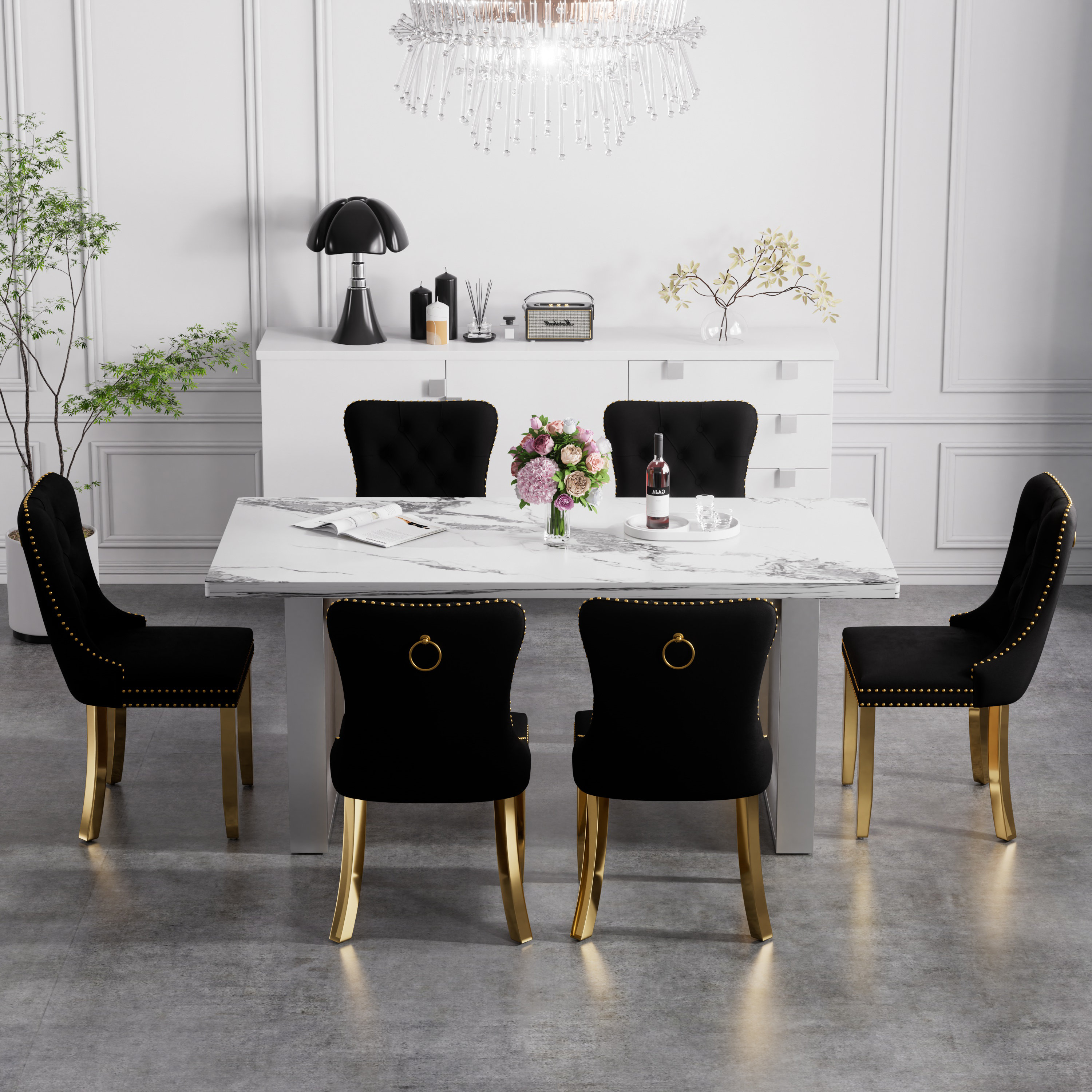 House of Hampton Elegant 7-Piece Marble MDF Dinning Table Set for 6 ...