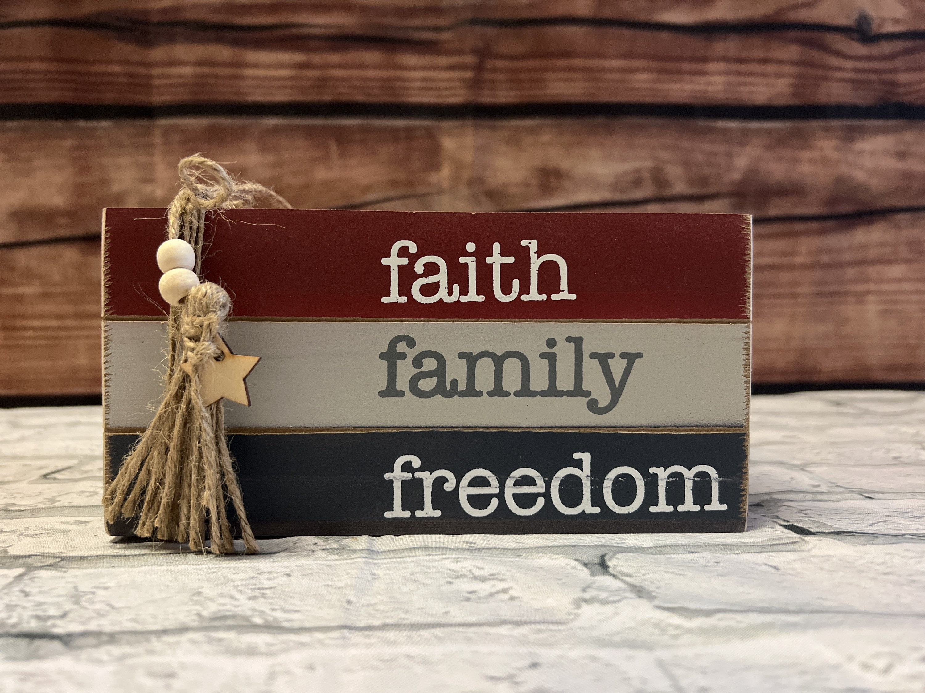 Trinx Faith, Family, Freedom Wooden Book Stack | Wayfair