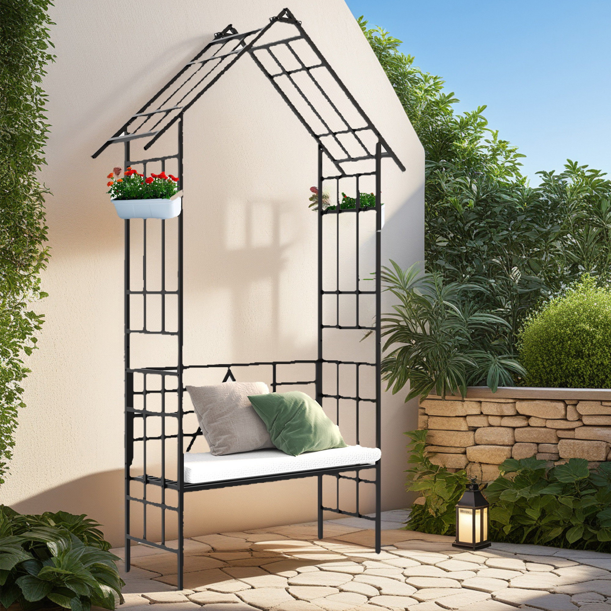 iYofe Convertible Garden Arch & Bench, 2-In-1 Outdoor Flower Stand With ...