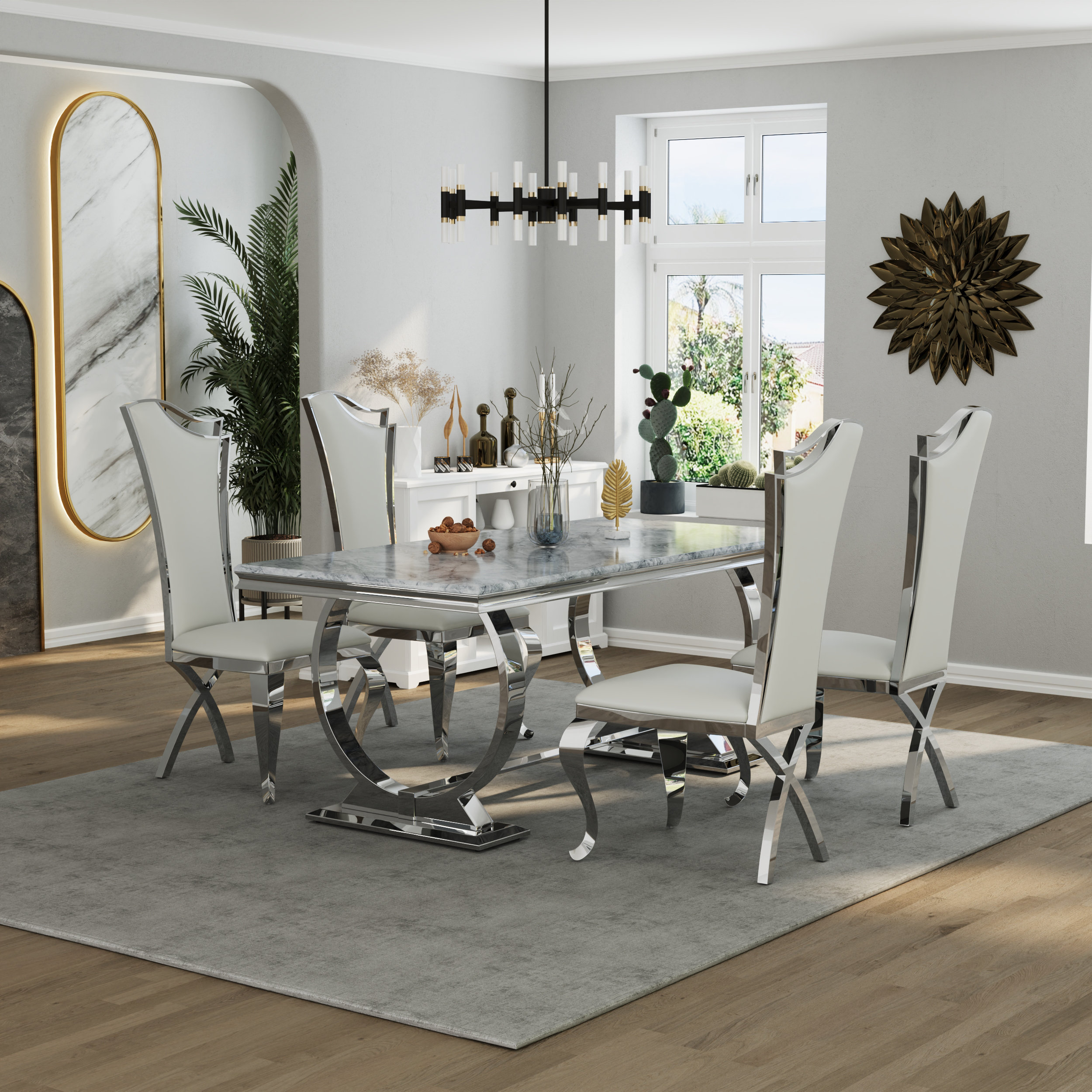 Everly Quinn Luxury White And Silver Dining Table Set With 4 White ...
