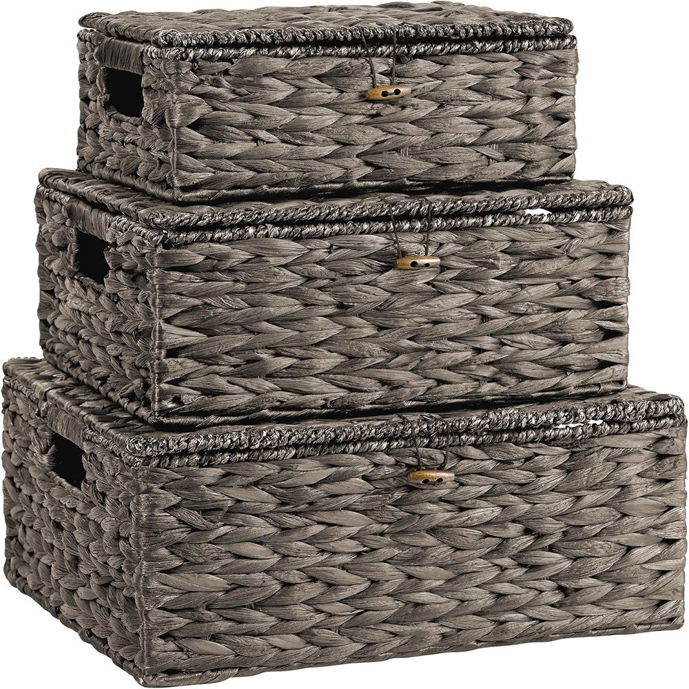 East Urban Home Set Of 3 Hand-Woven Storage Bins, Black Water Hyacinth ...