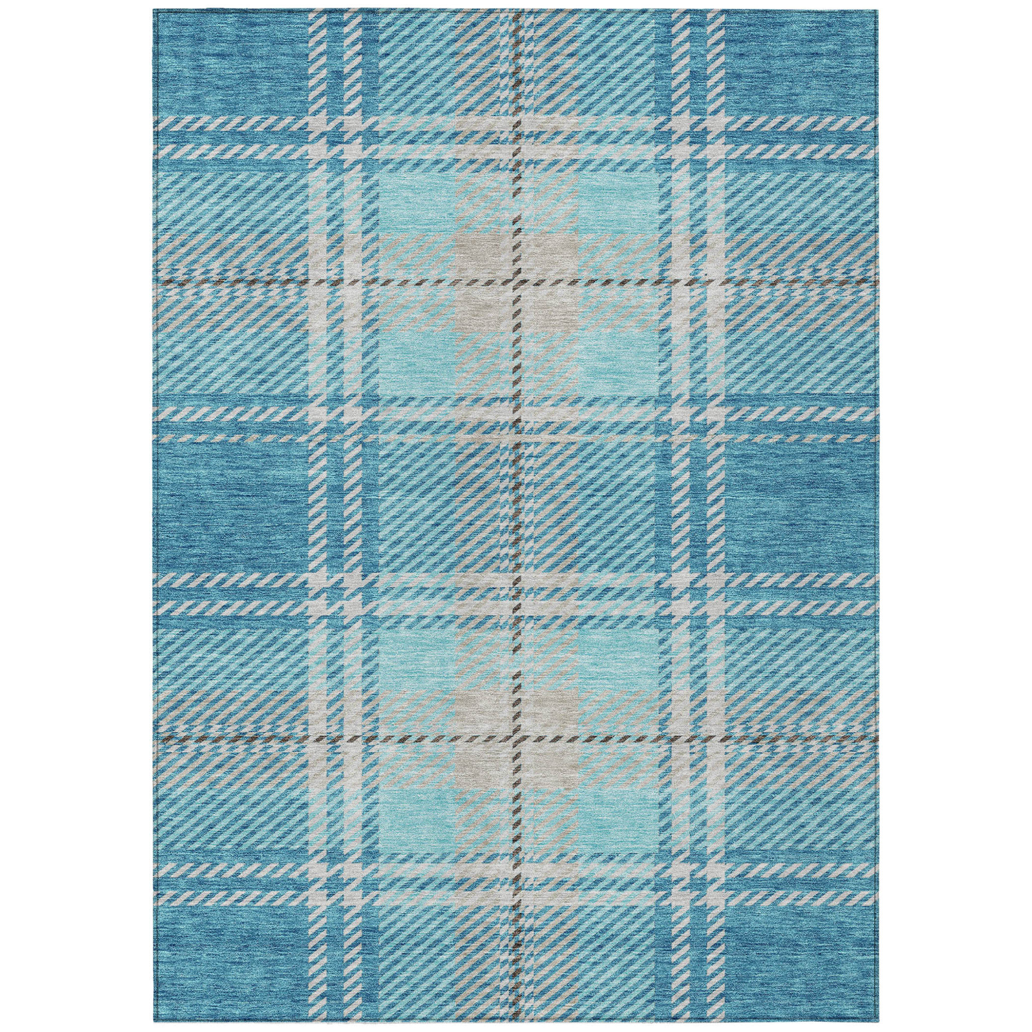 HomeRoots 8' X 10' Teal Blue Gray And Brown Plaid Washable Indoor ...