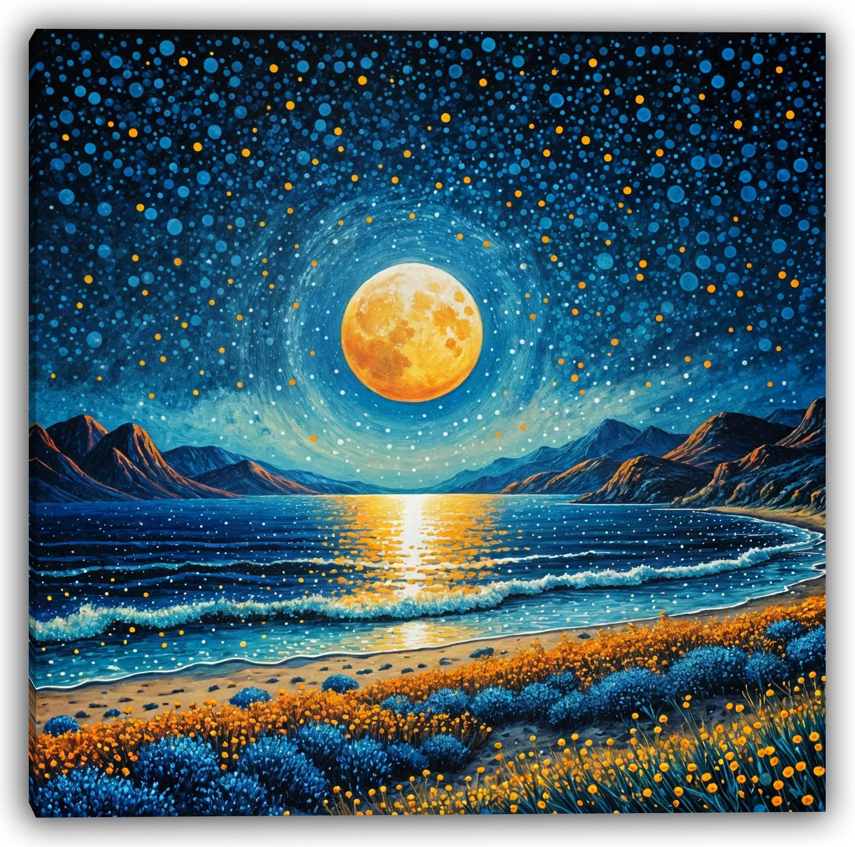 Beachcrest Home™ Celestial Coastline - Golden Moon Over Ocean Art | Wayfair
