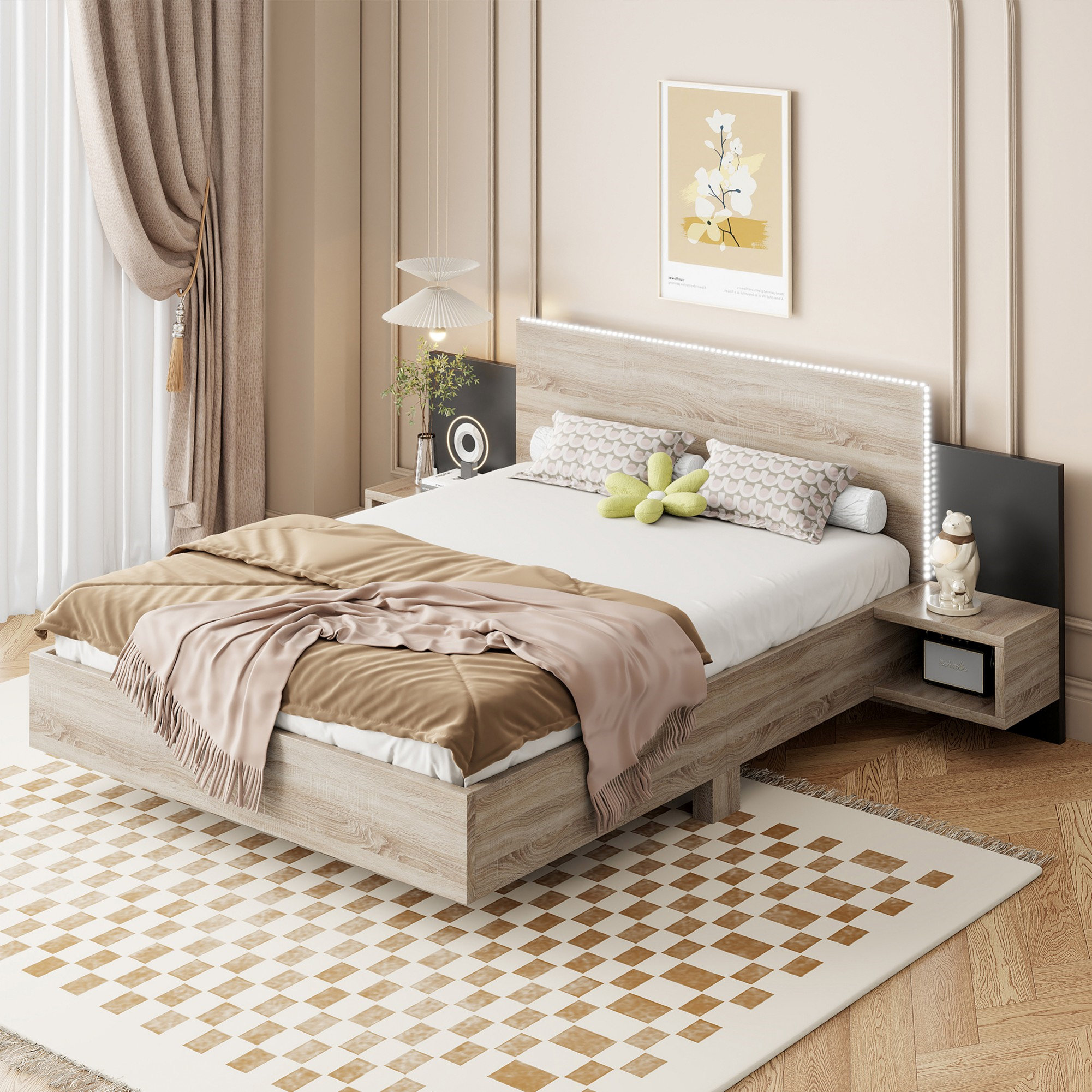 Latitude Run® Floating Style Bed With Bedside Tables And Lighted ...