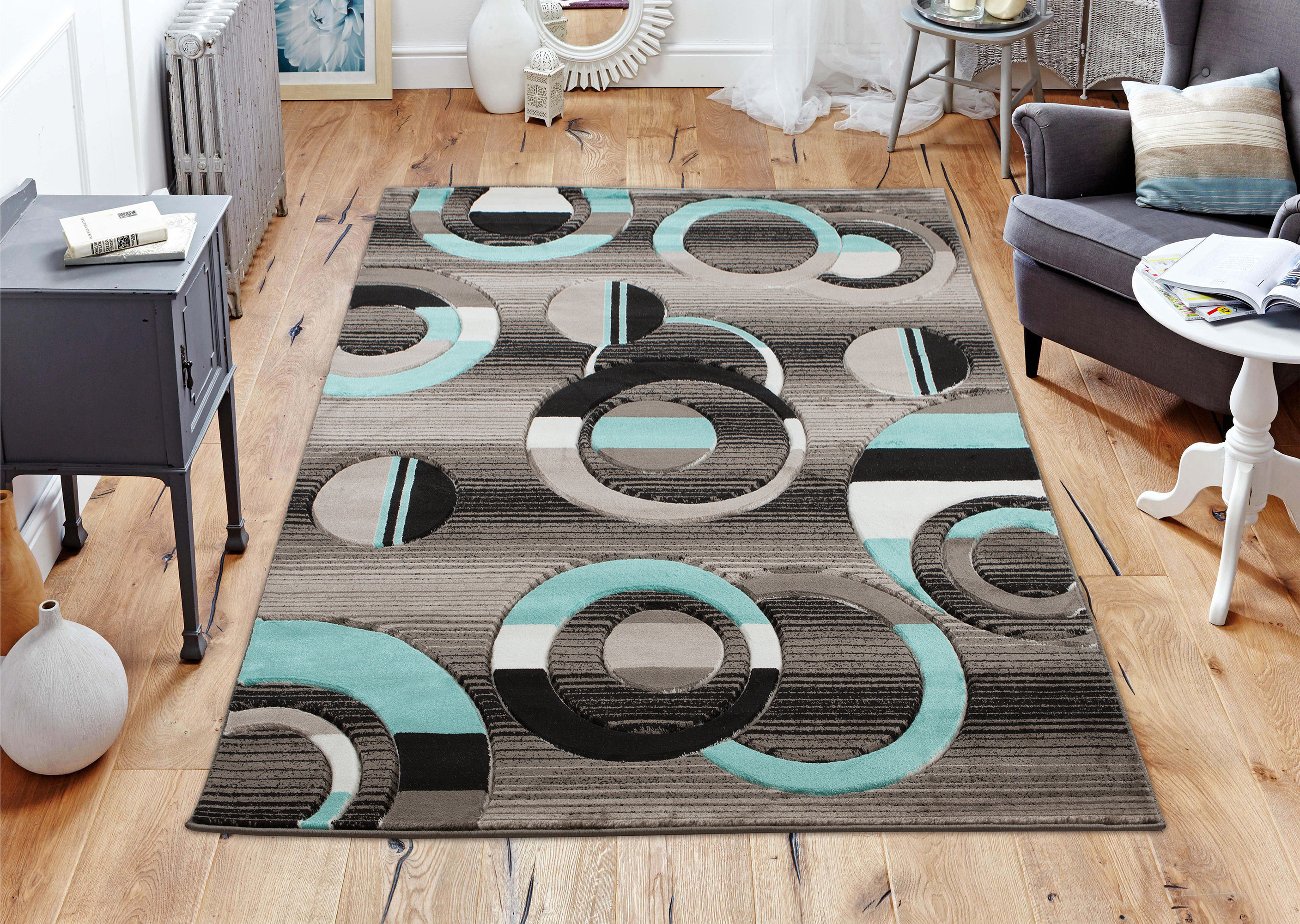 Wrought Studio™ Adonia Geometric Gray/Turquoise Area Rug | Wayfair