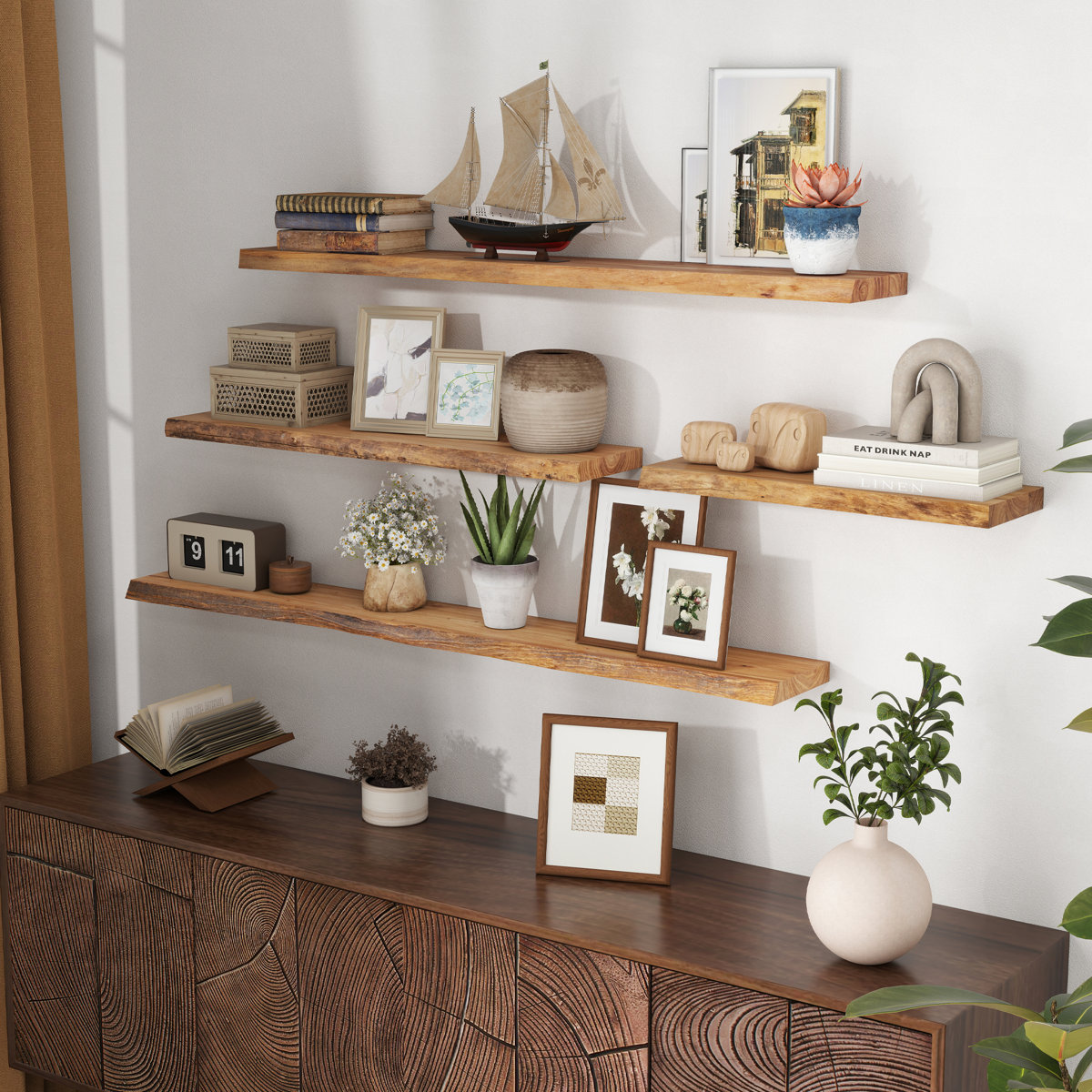 Ebern Designs Carsin Irregular Reclaimed Elm Floating Wall Shelf ...