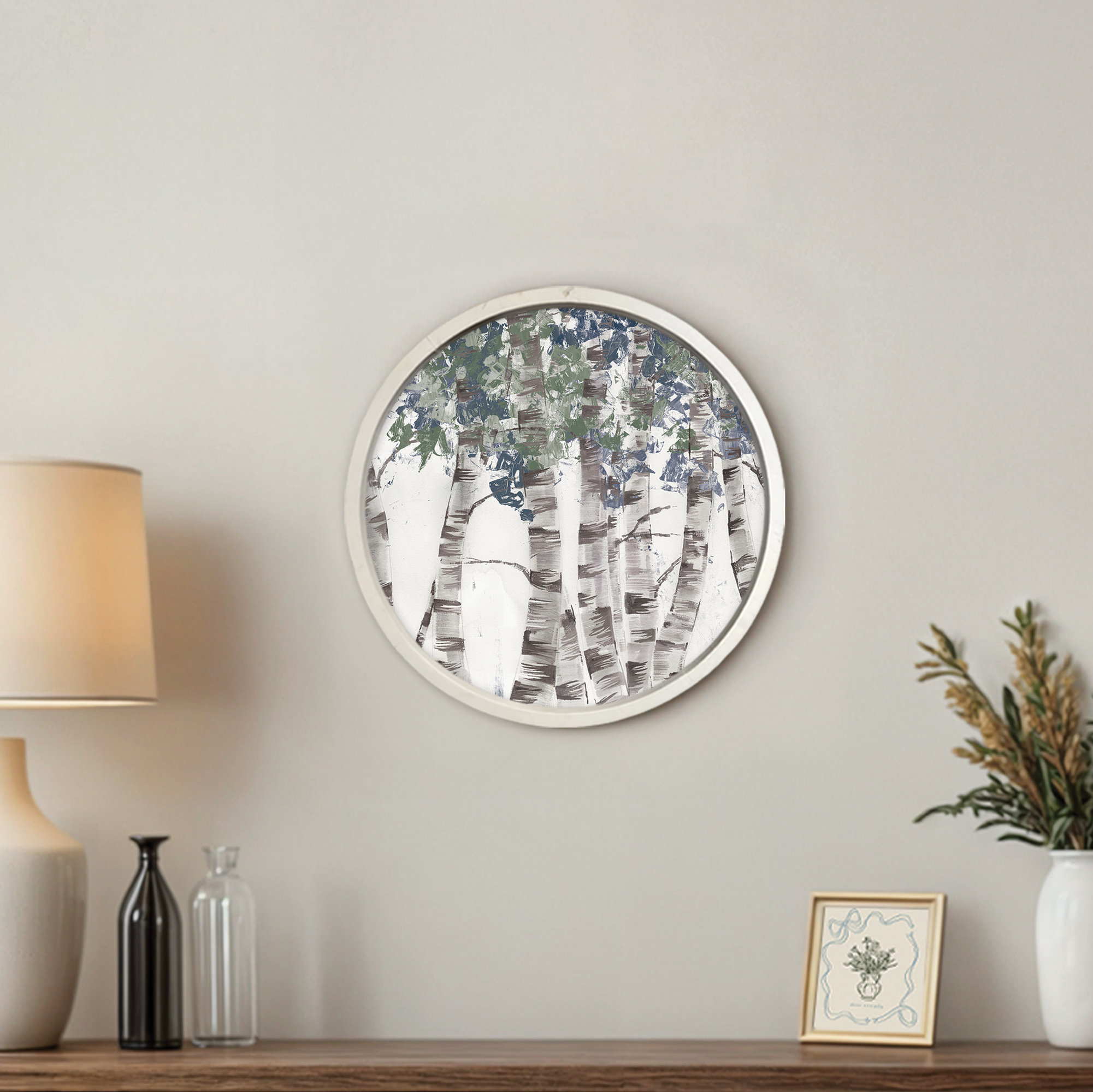 Winston Porter Birch Trees Navy Sage Painting Round Framed Print ...
