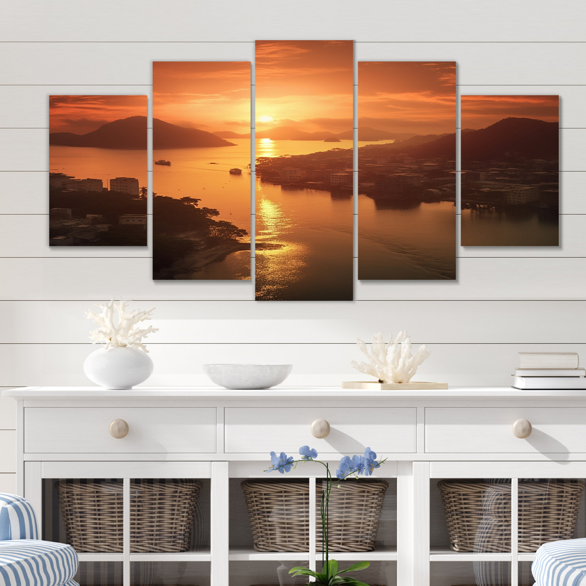 Design Art Glorious Brazilian Sunset Over Majestic River - Lake Canvas ...