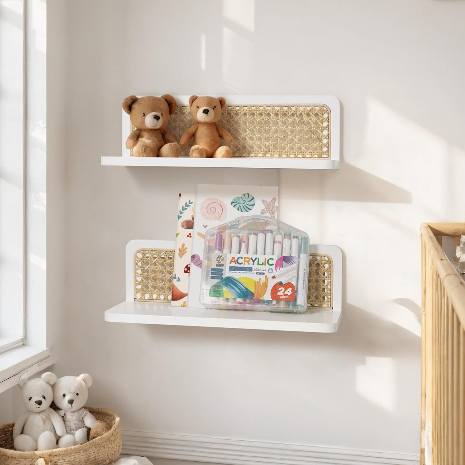 17 Stories Rattan Floating Wall Shelves 40Cm Set Of 2, For Living Room ...