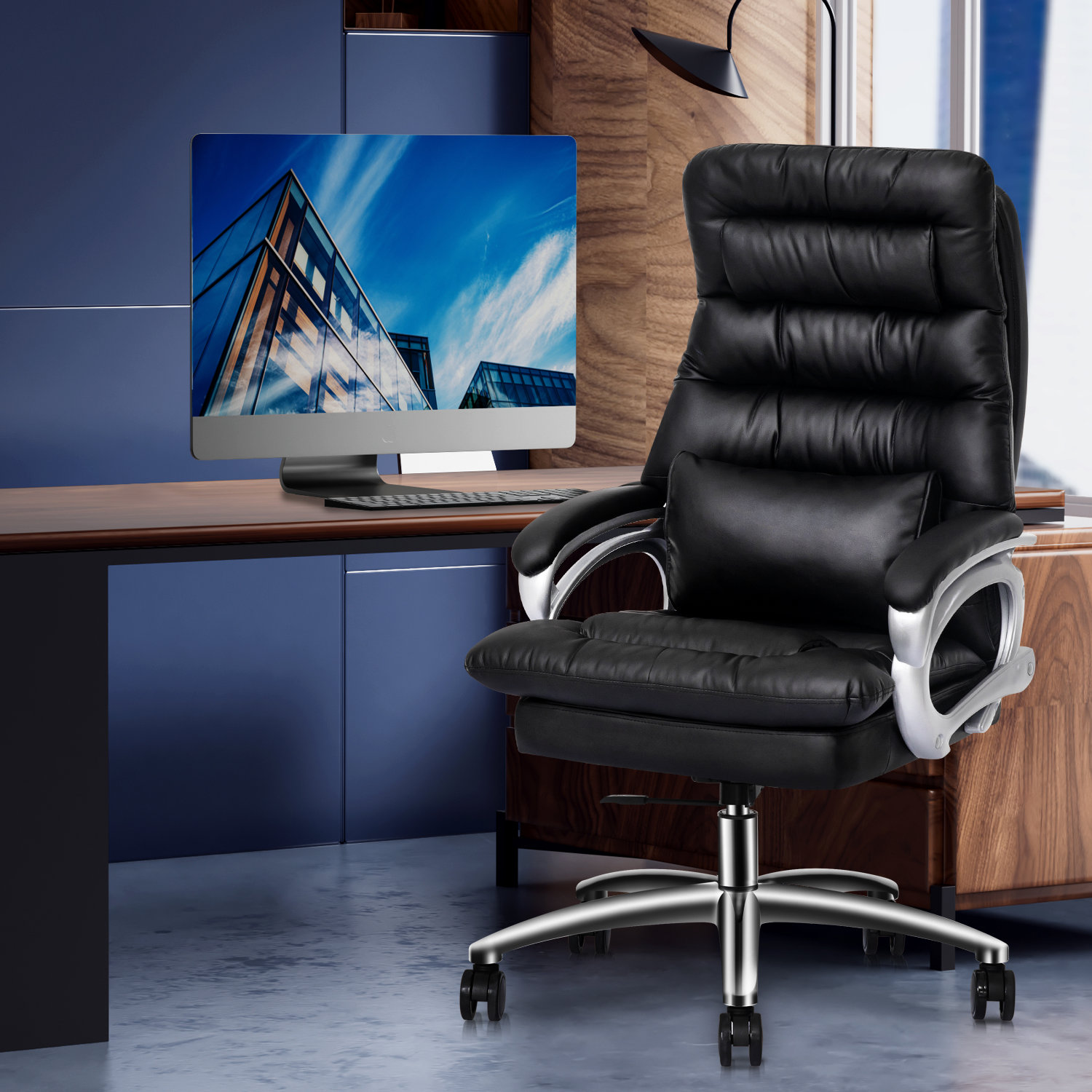 Inbox Zero Chair with Floor Protector Mat, Faux Leather Executive ...