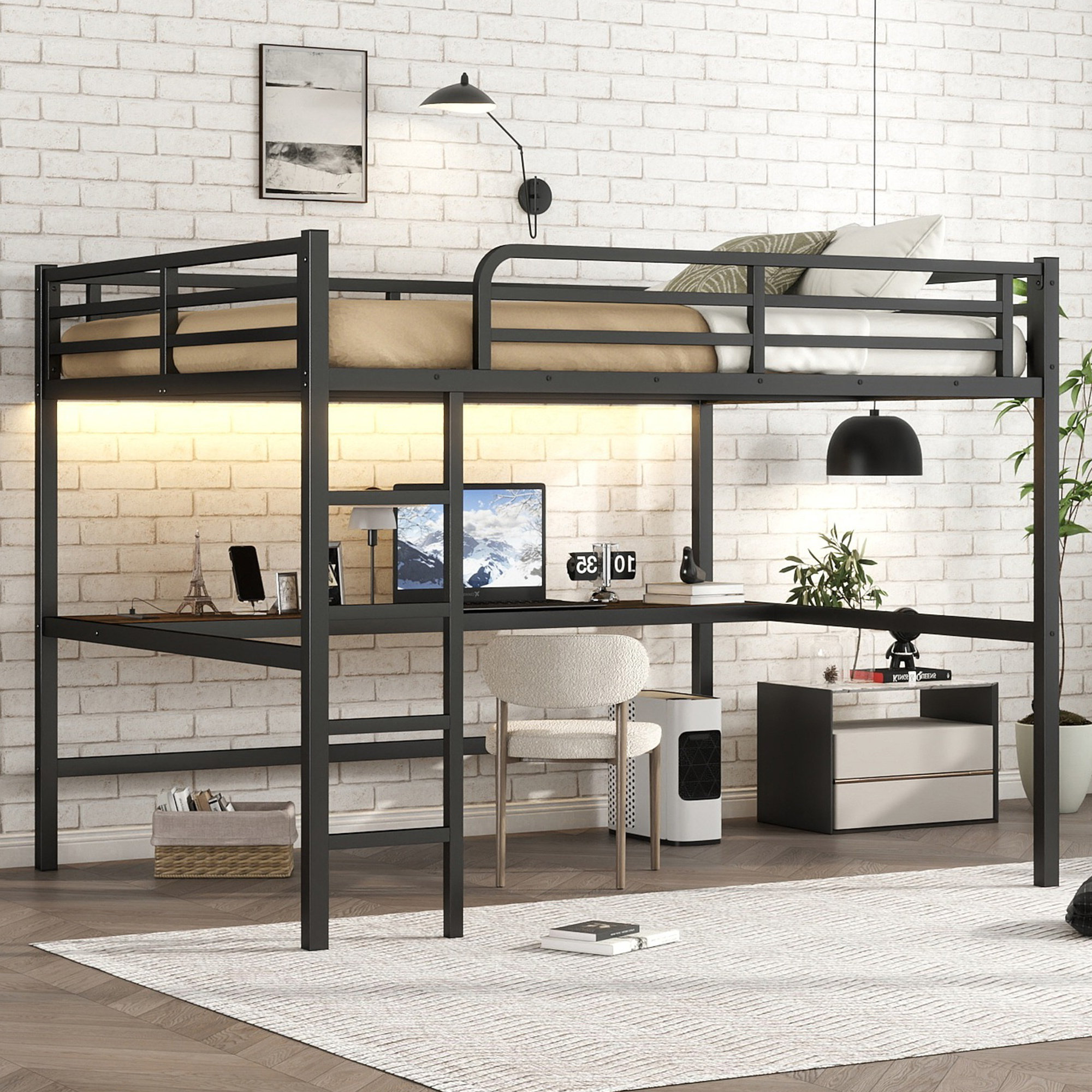 Ivy Bronx Metal Loft Bed with Power Outlet & LED Lighting - Space ...