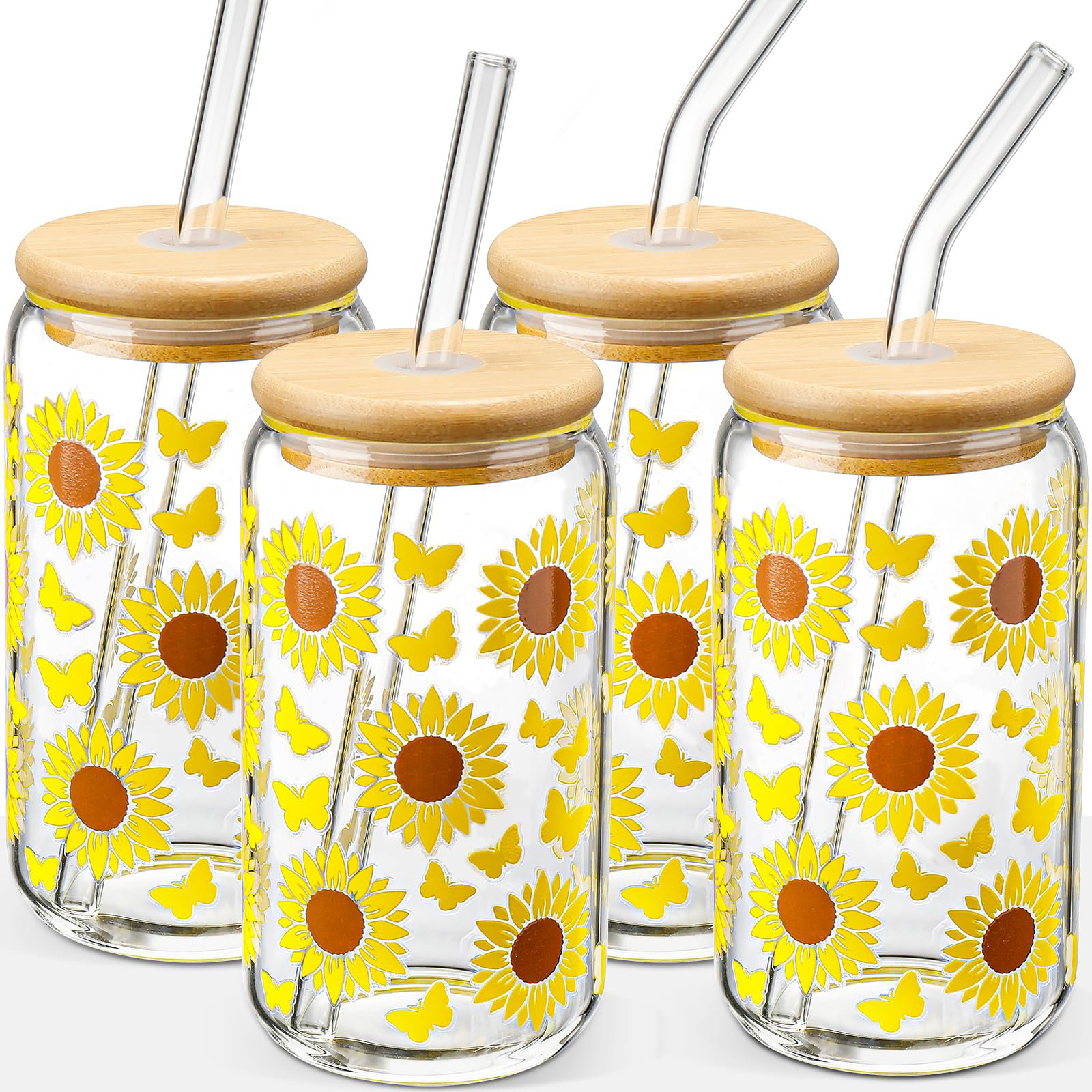Gracie Oaks Glass Cups With Lids And Straws With Design Sunflower,Clear ...