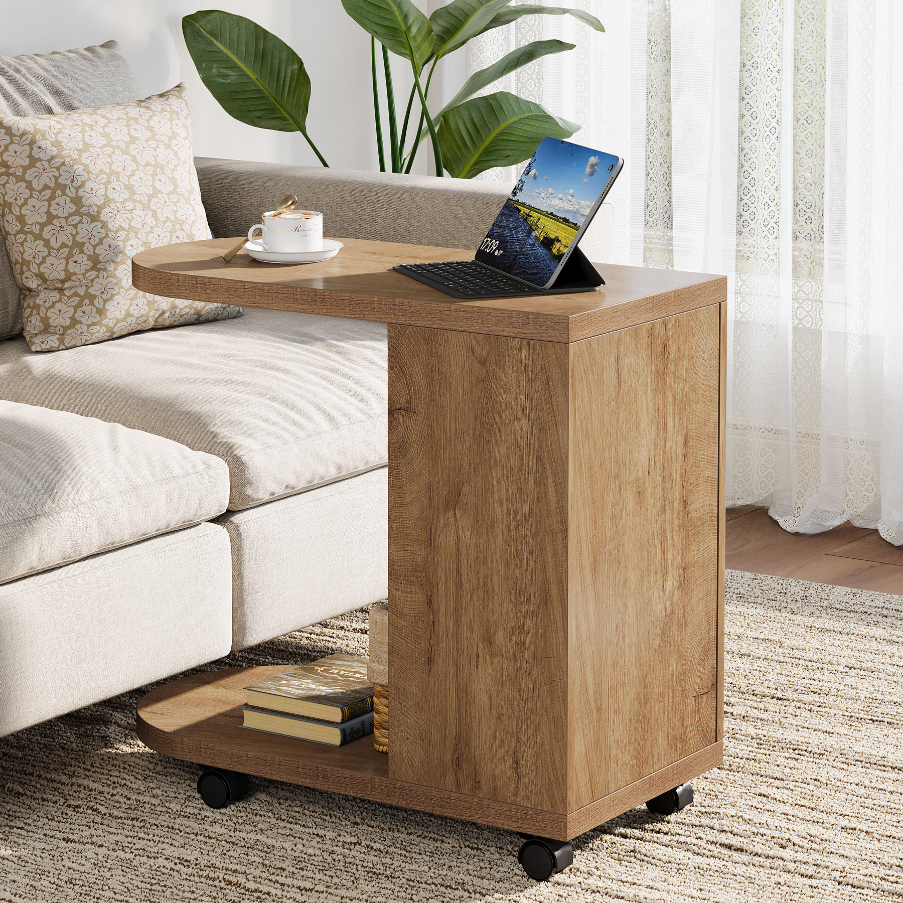 Ebern Designs Mobile C Shaped Sofa Side Table, Bedside End Table With ...