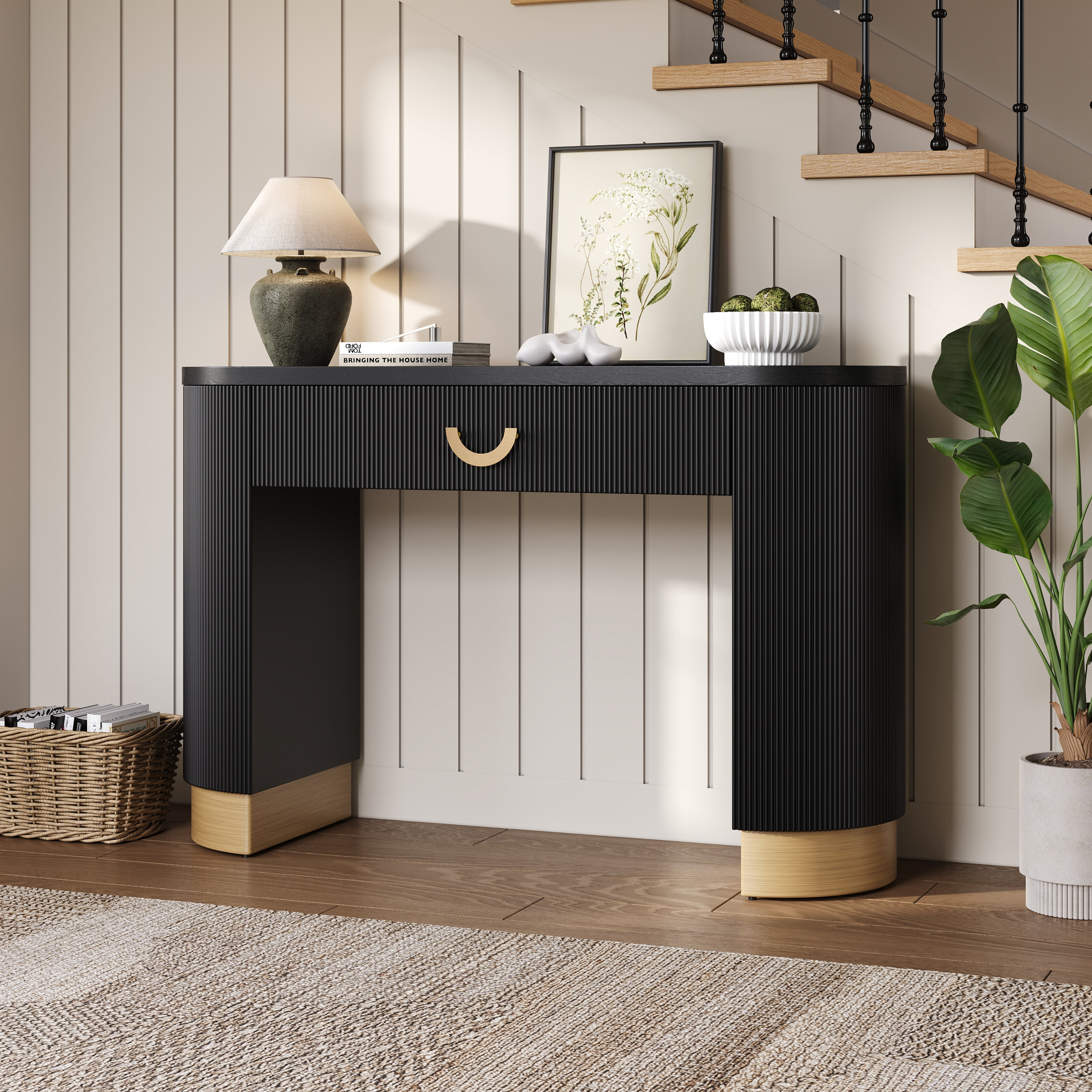 Mercer41 Zion Vertical Ribbed Console Table With Drawer & Column Legs ...