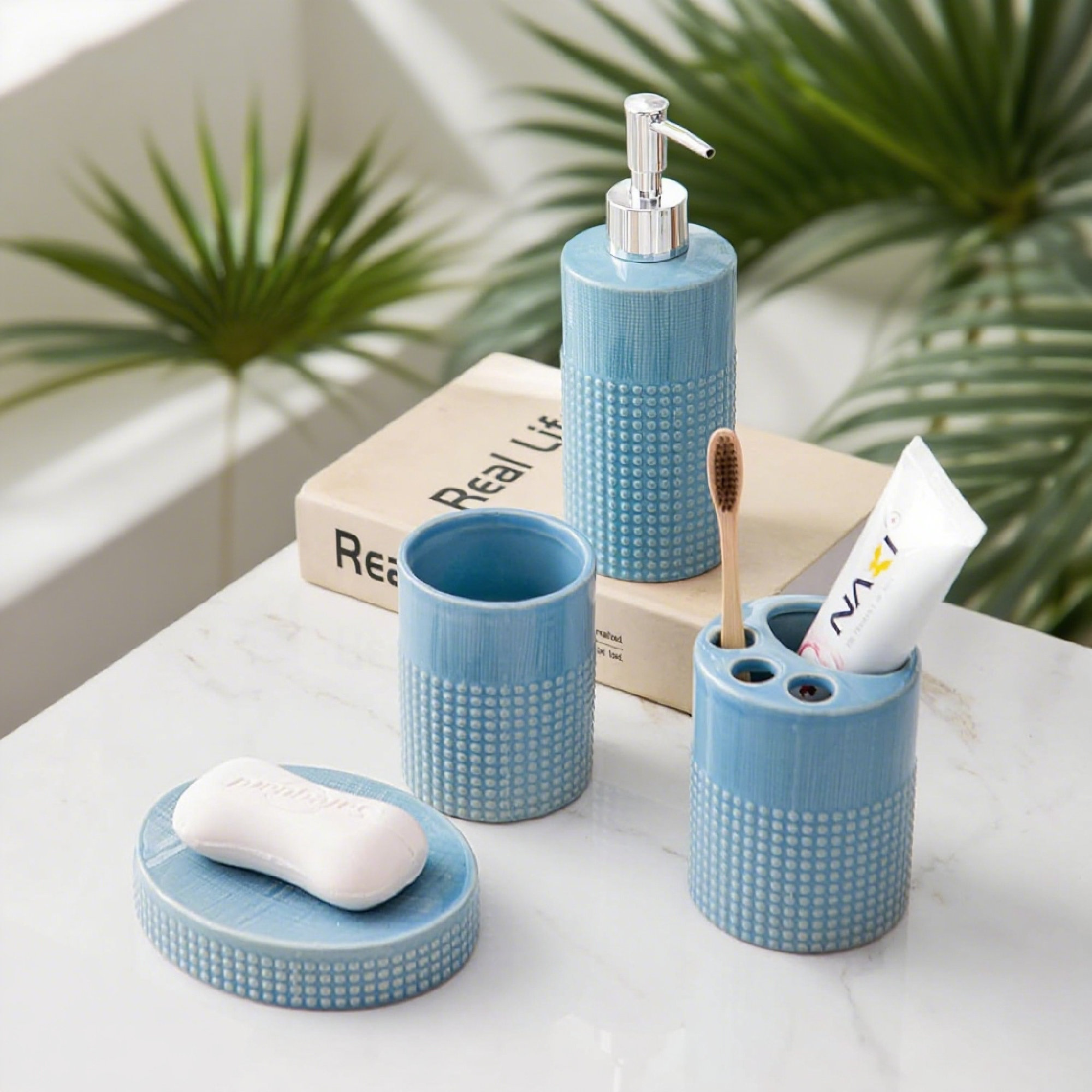 One Allium Way® Elegant 4-Piece Blue Ceramic Bathroom Accessory Set ...