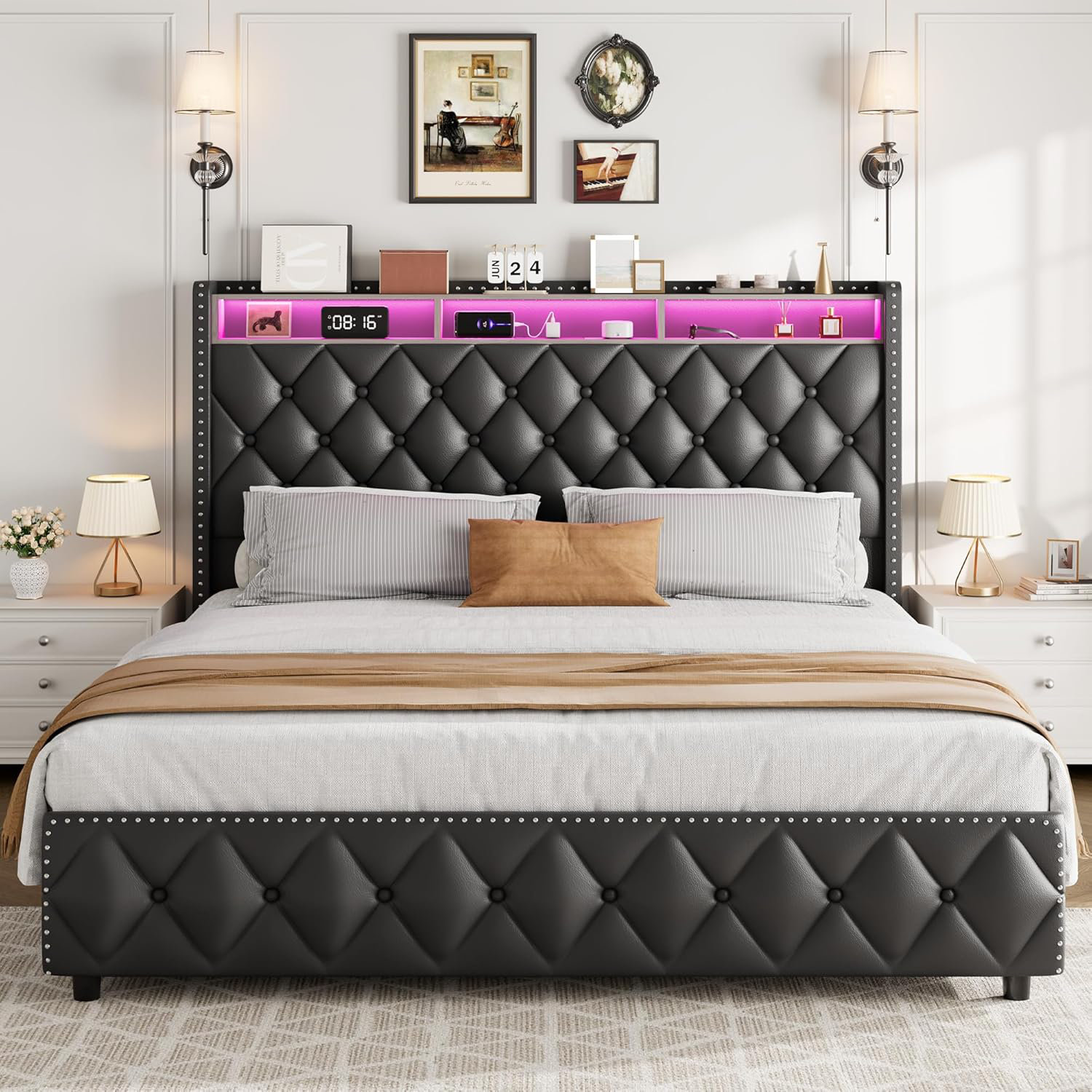 Ebern Designs Bed Frame with Velvet Upholstery, 50.8" Tall Headboard, 4 ...