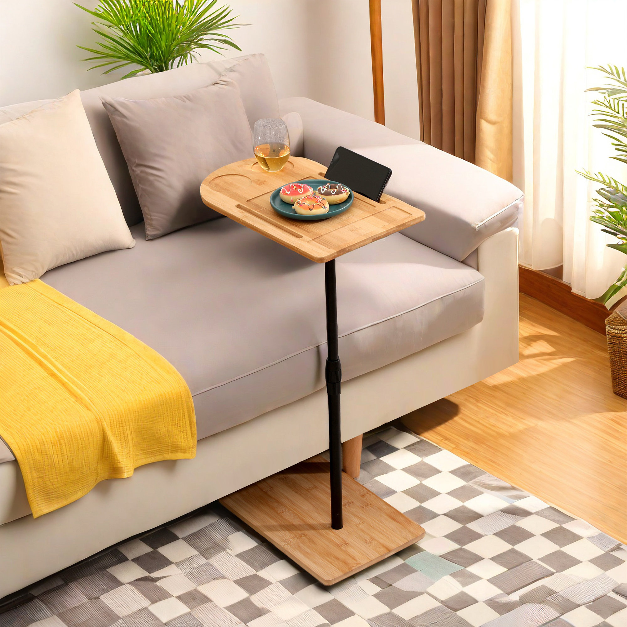 Ebern Designs Adjustable Bamboo C-Shaped End Table With Two Tiers ...