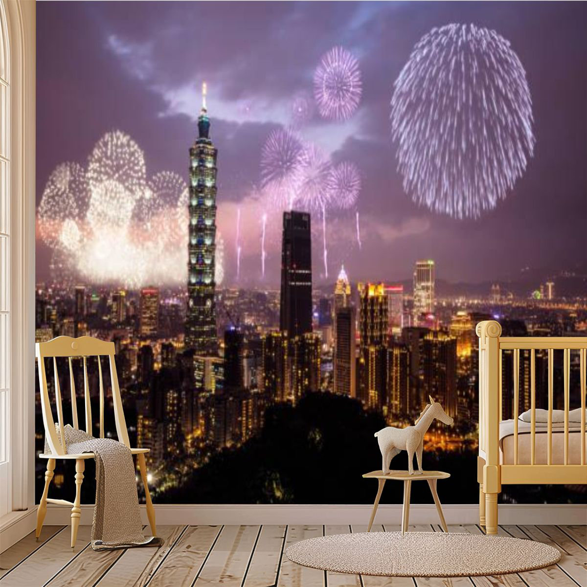 Latitude Run® Peel and Stick Canvas Wallpaper Wall Mural taipei taiwan cityscape night fireworks ...