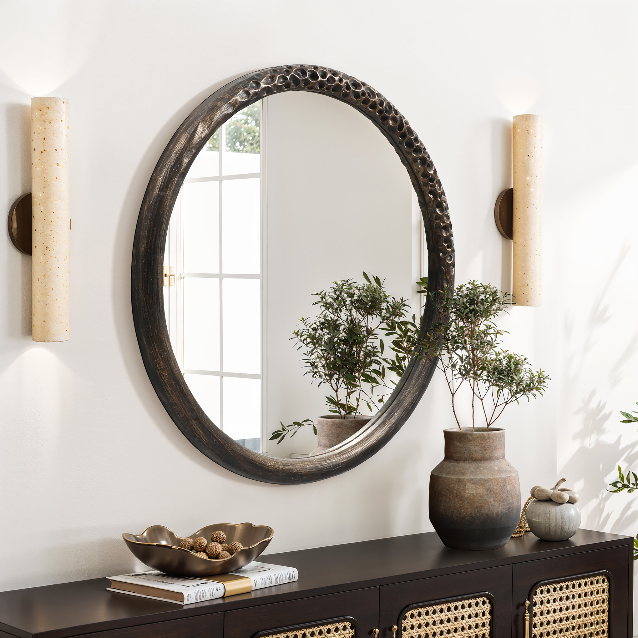 17 Stories 32-Inch Round Brown Crater MgO Frame Wall Mirror | Wayfair