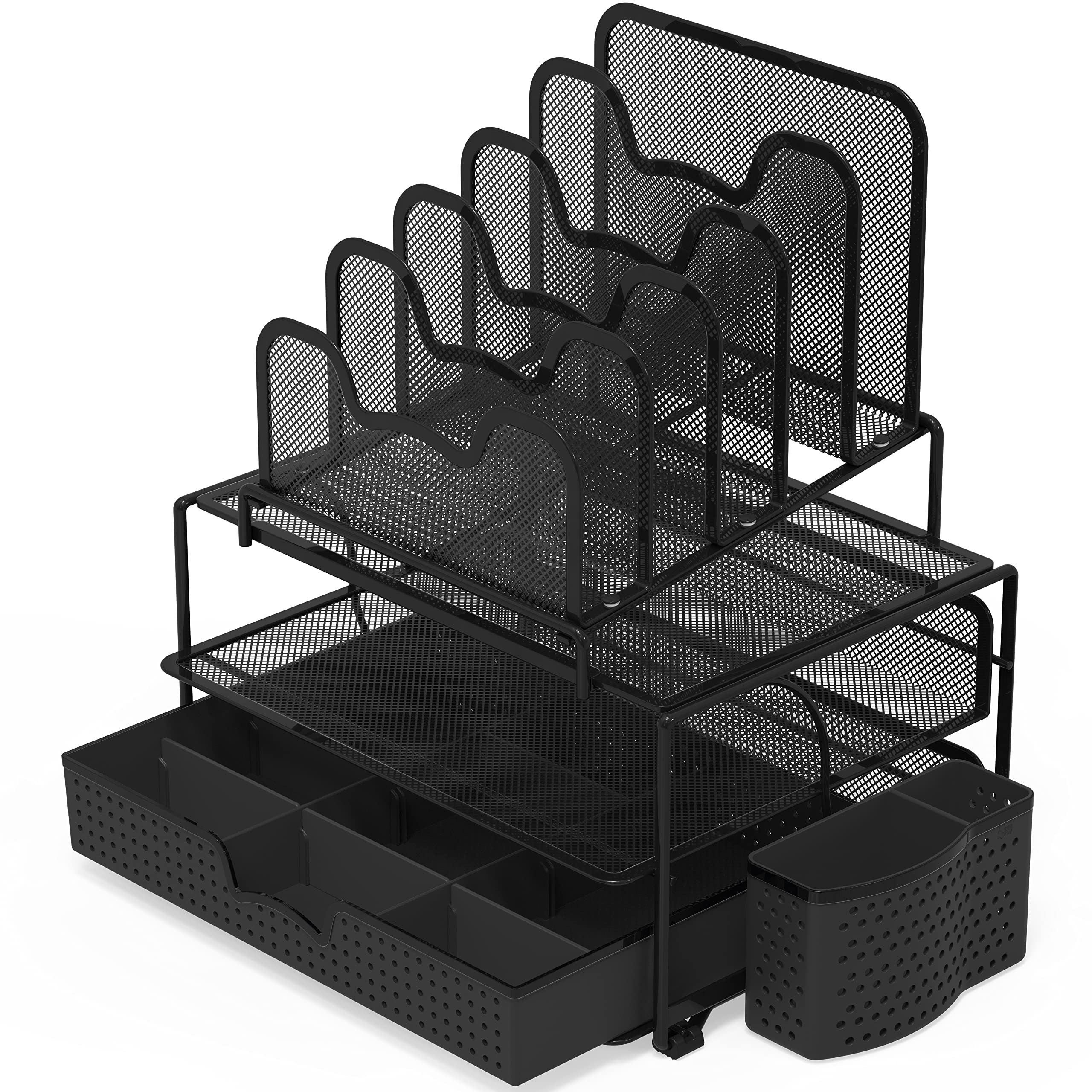 XMVJHOME Mesh Desk Organizer With Sliding Drawer, Double Tray And 5-Section Sorter - Black ...