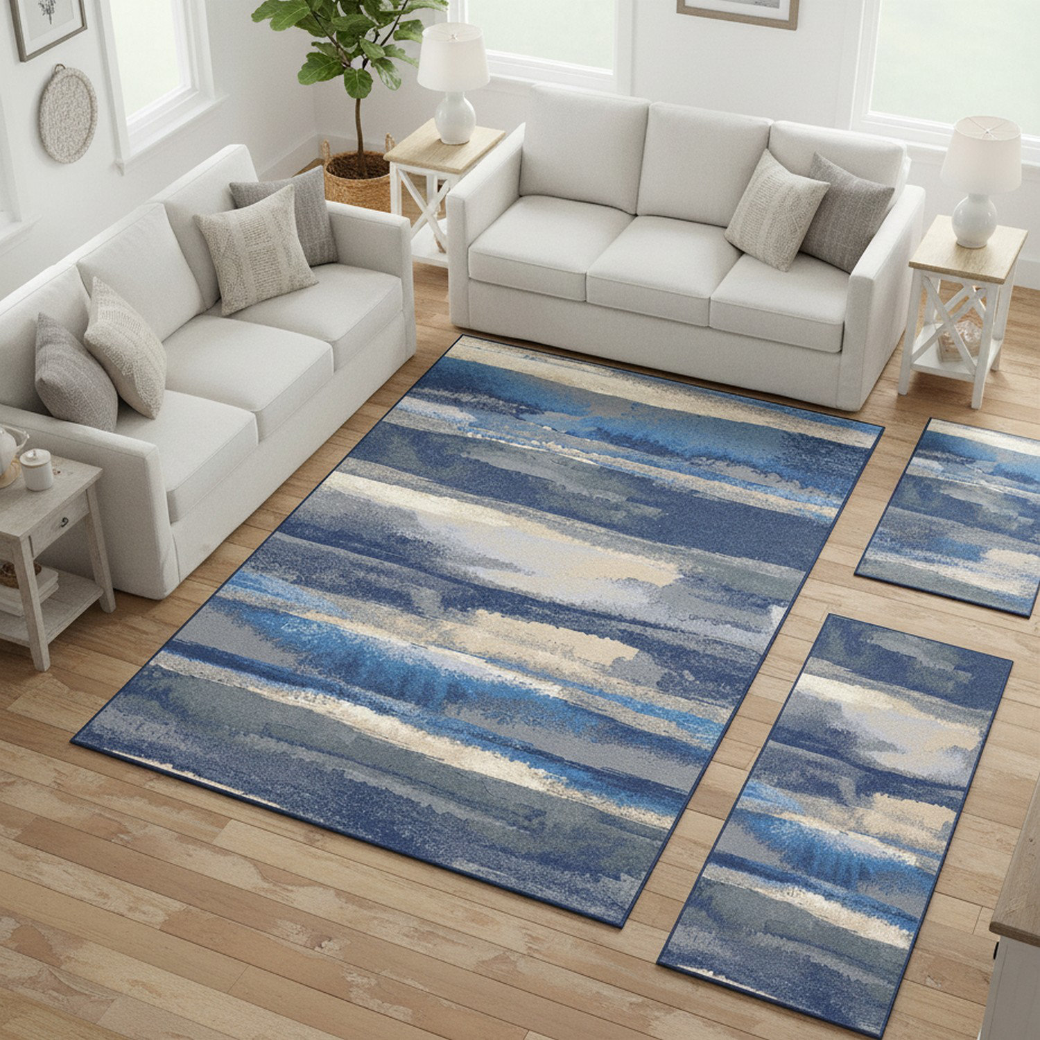 Wrought Studio Ocean Contemporary Abstract Blue 3-Piece Rug Set: (5' X ...