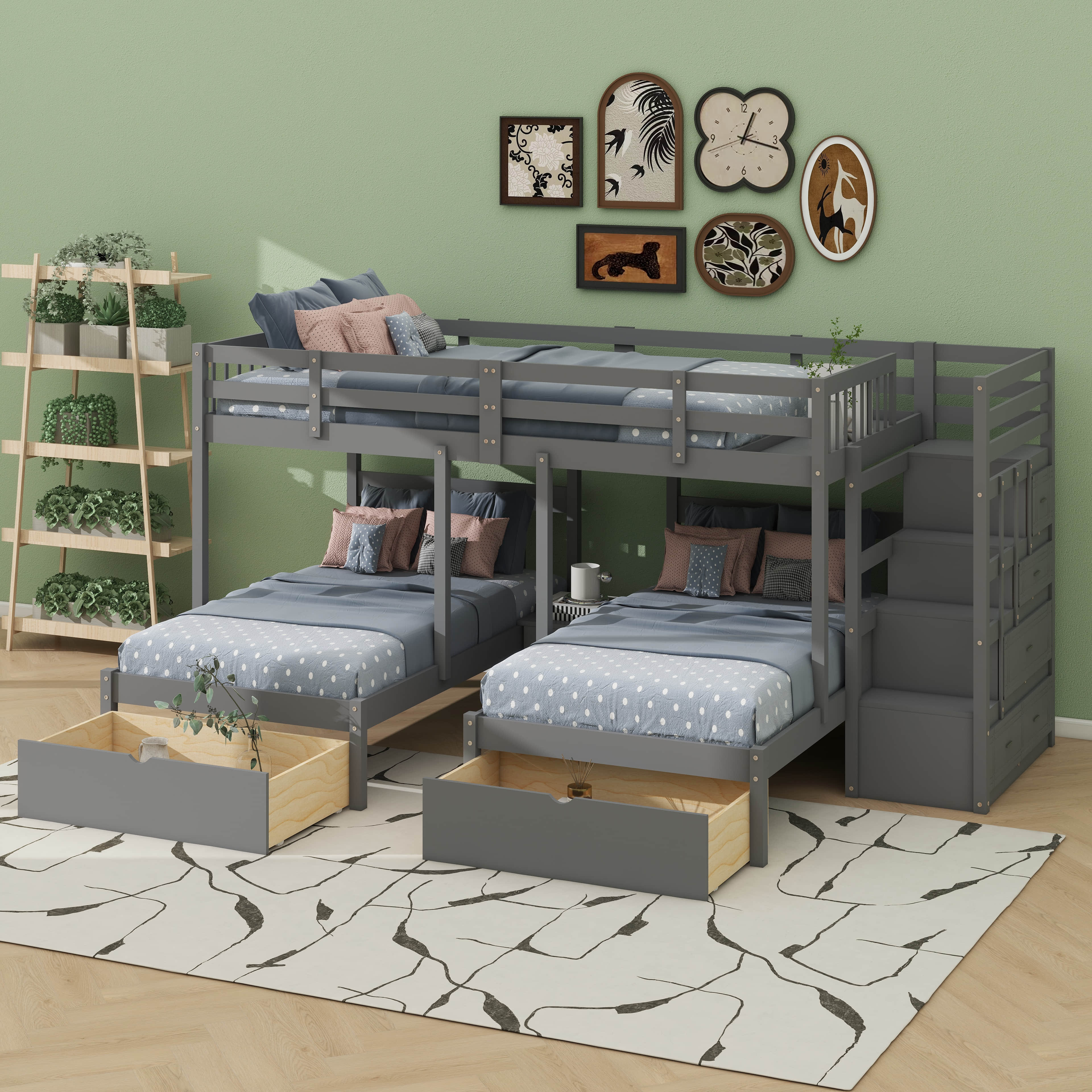 Harriet Bee Full Over Twin & Twin Bunk Bed, Wood Triple Bunk Bed With ...
