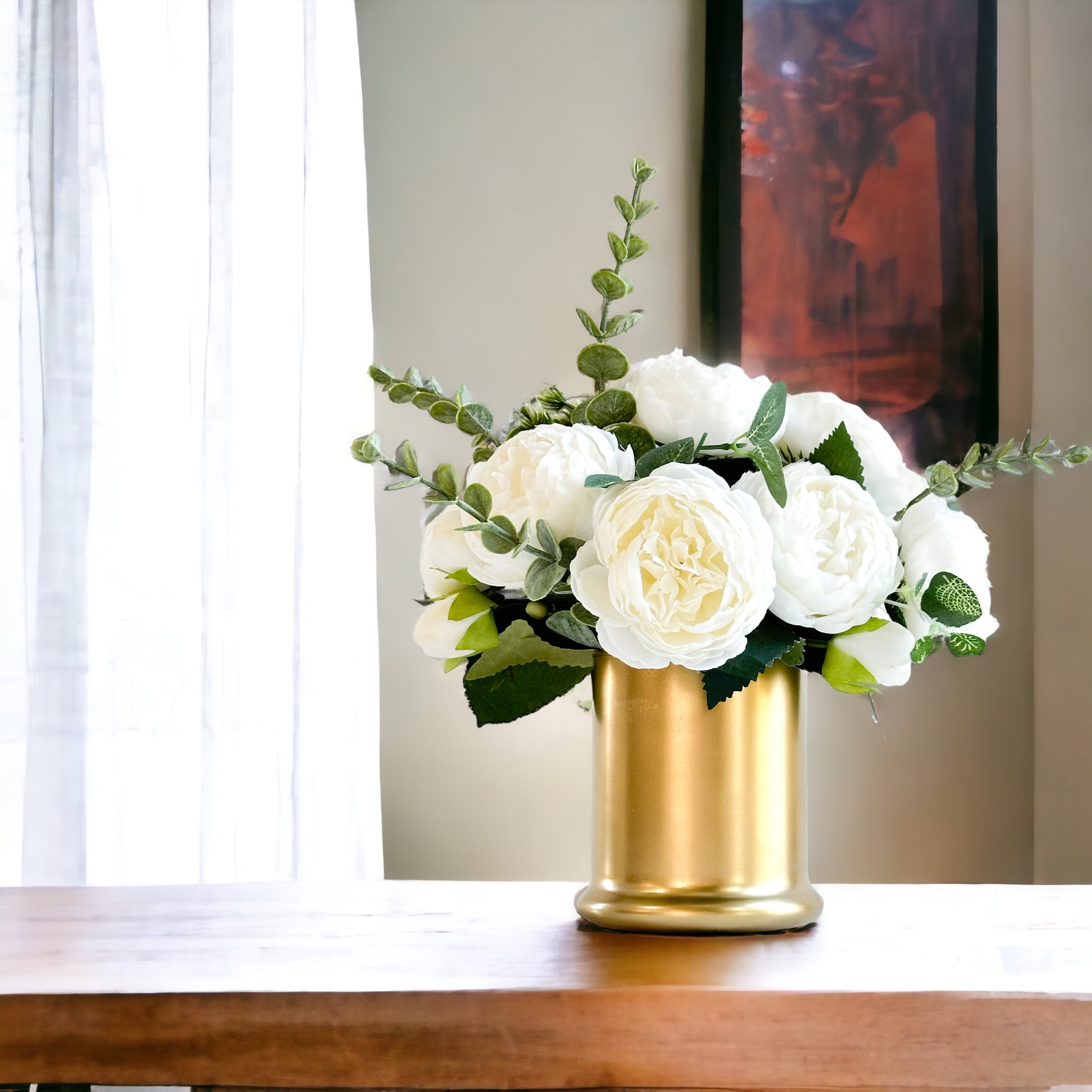 Primrue Peony Arrangement Gold Vase, Artificial Faux Table Centerpiece ...