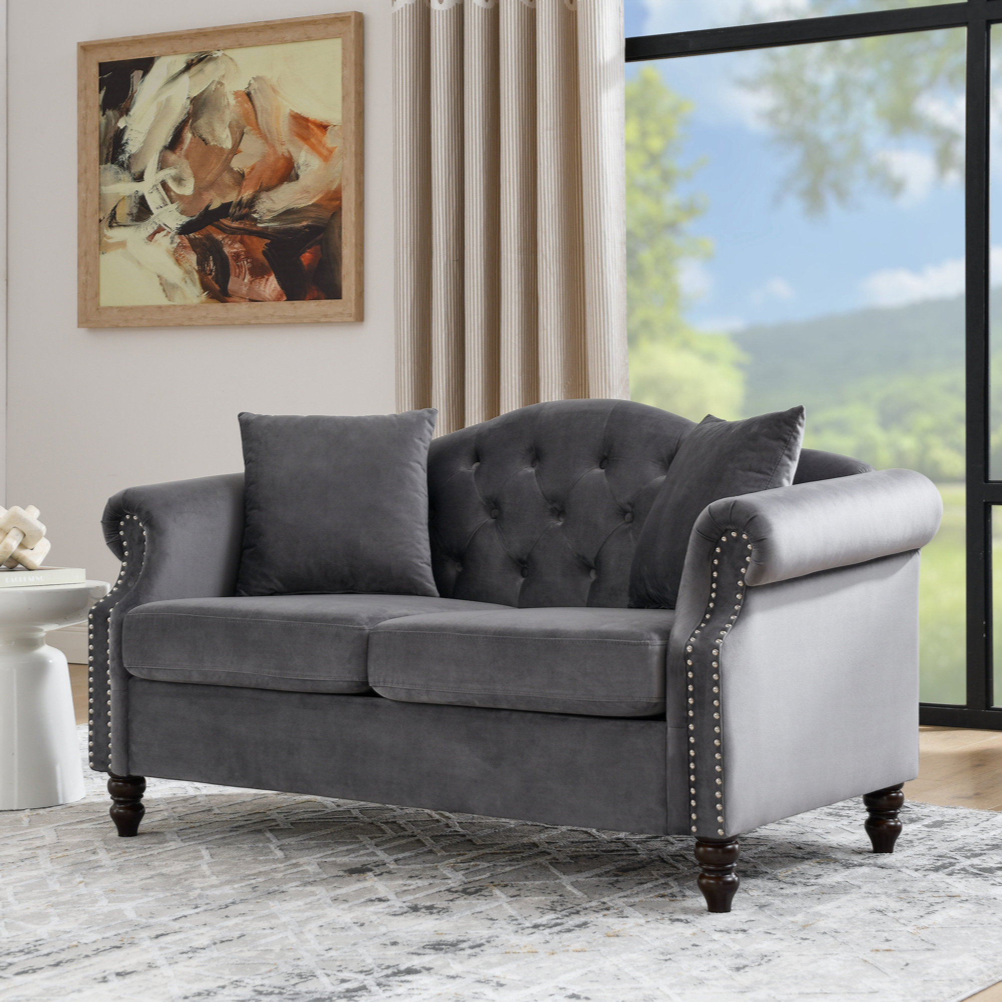 House of Hampton 57" Chesterfield Sofa Grey Velvet For Living Room, 2 ...