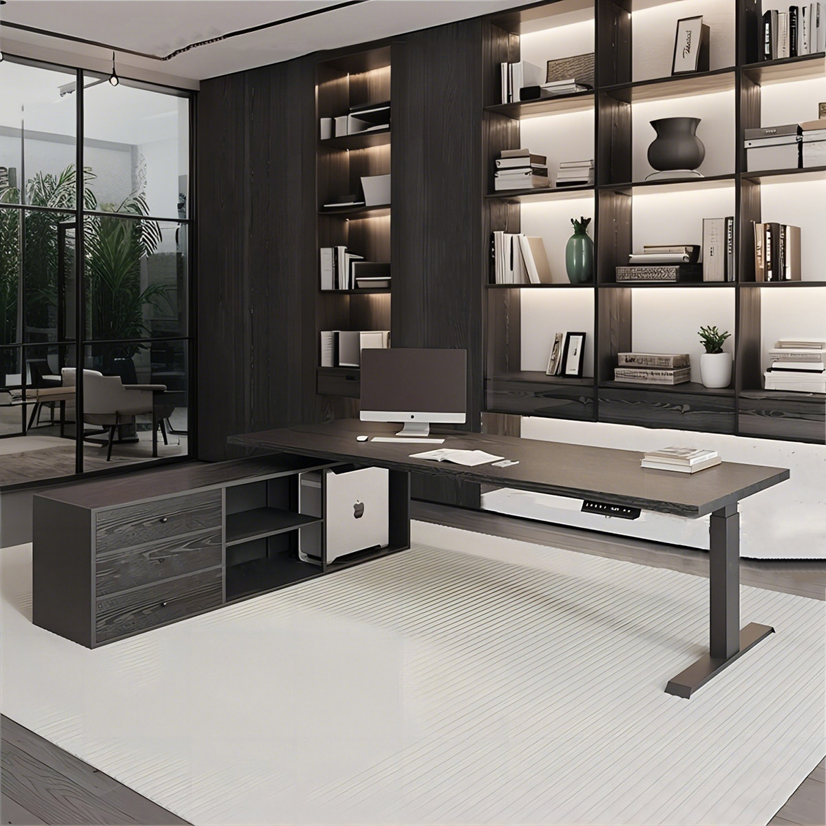 Brass Foam Black L-shape Solid Wood High-Low Adjustment Executive Desk ...