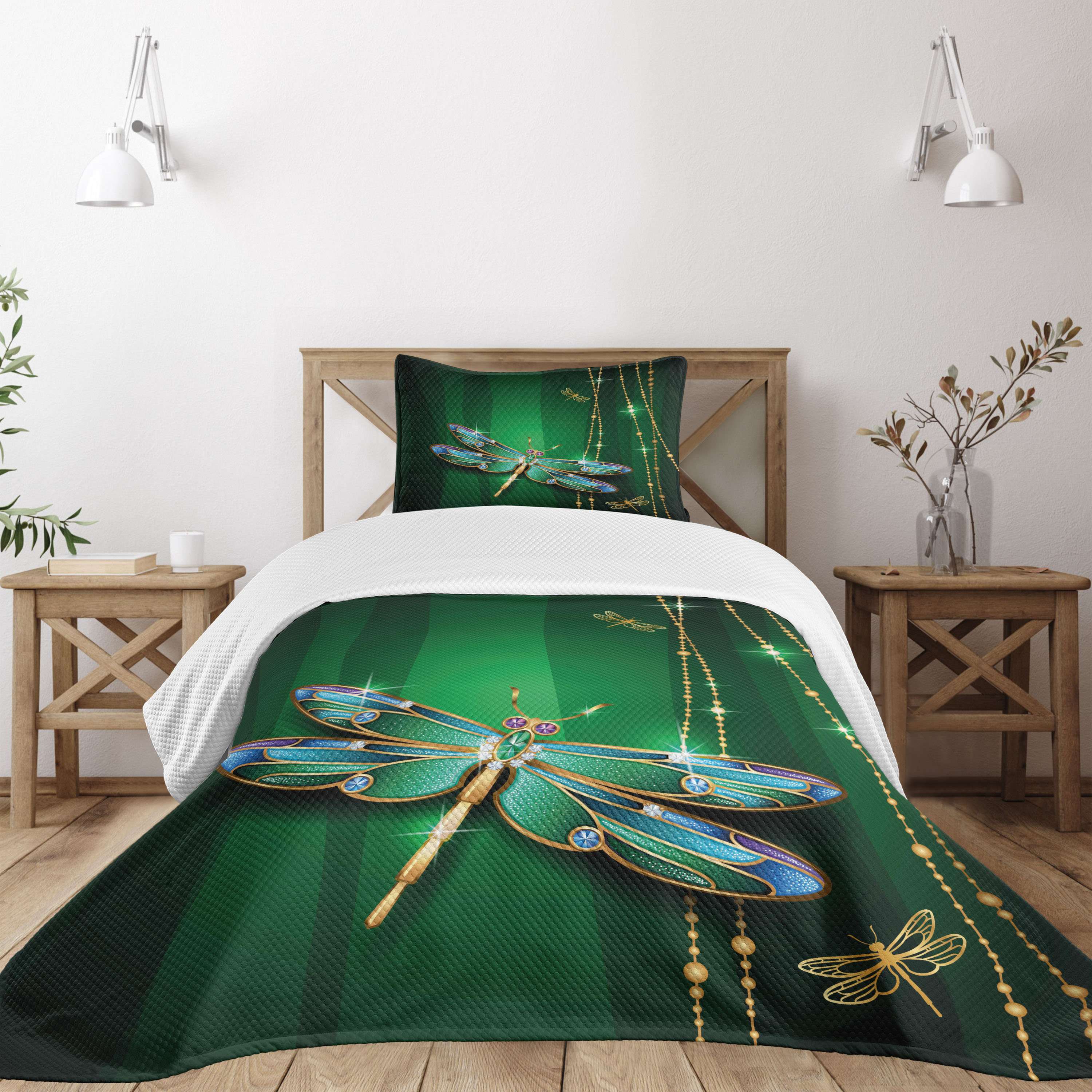 Ambesonne Dragonfly Bedspread Set Vivid Gemstone Emerald Multicolor ...