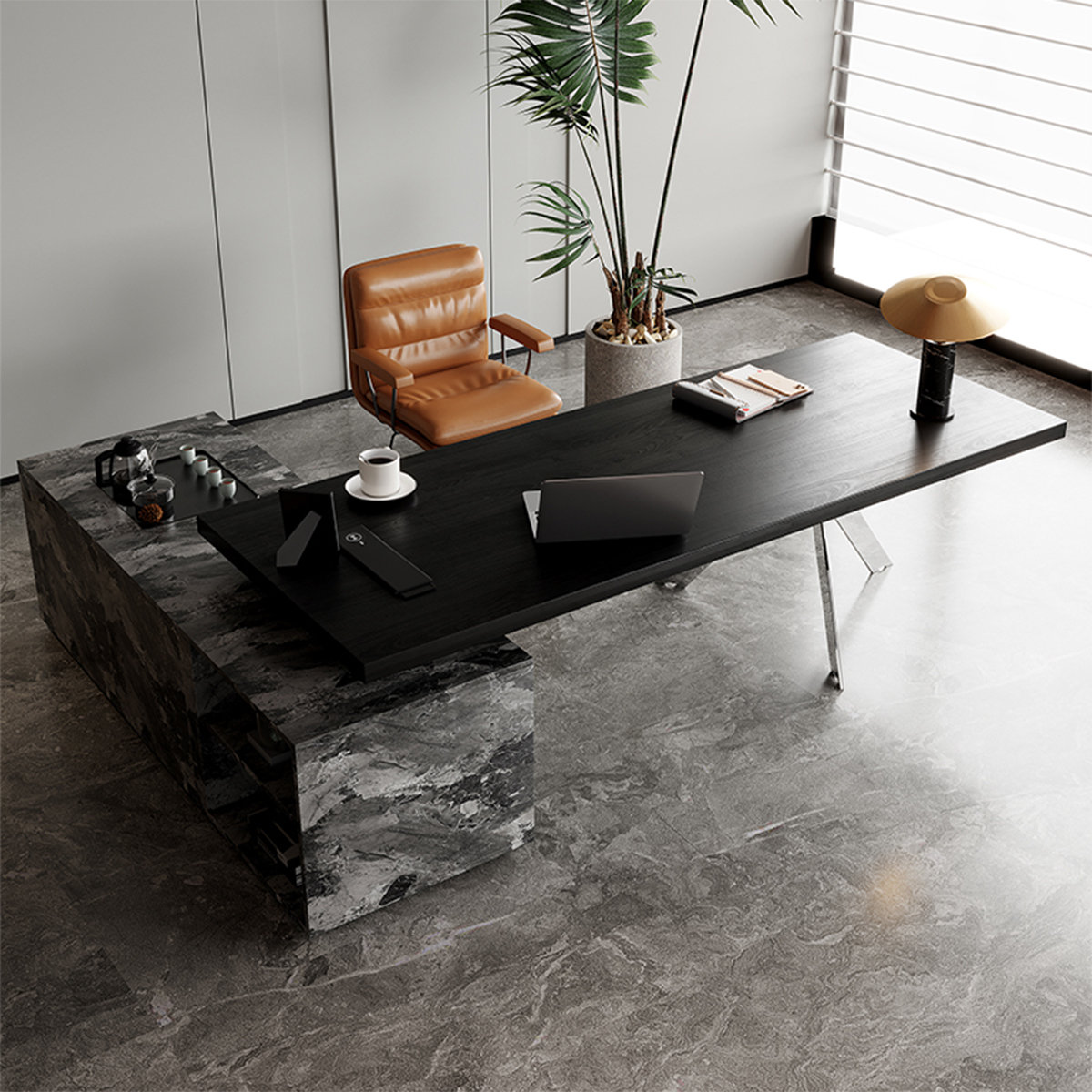 Refineroost 94.49"Modern Executive Rectangular Black Broad-Leaf Pine ...