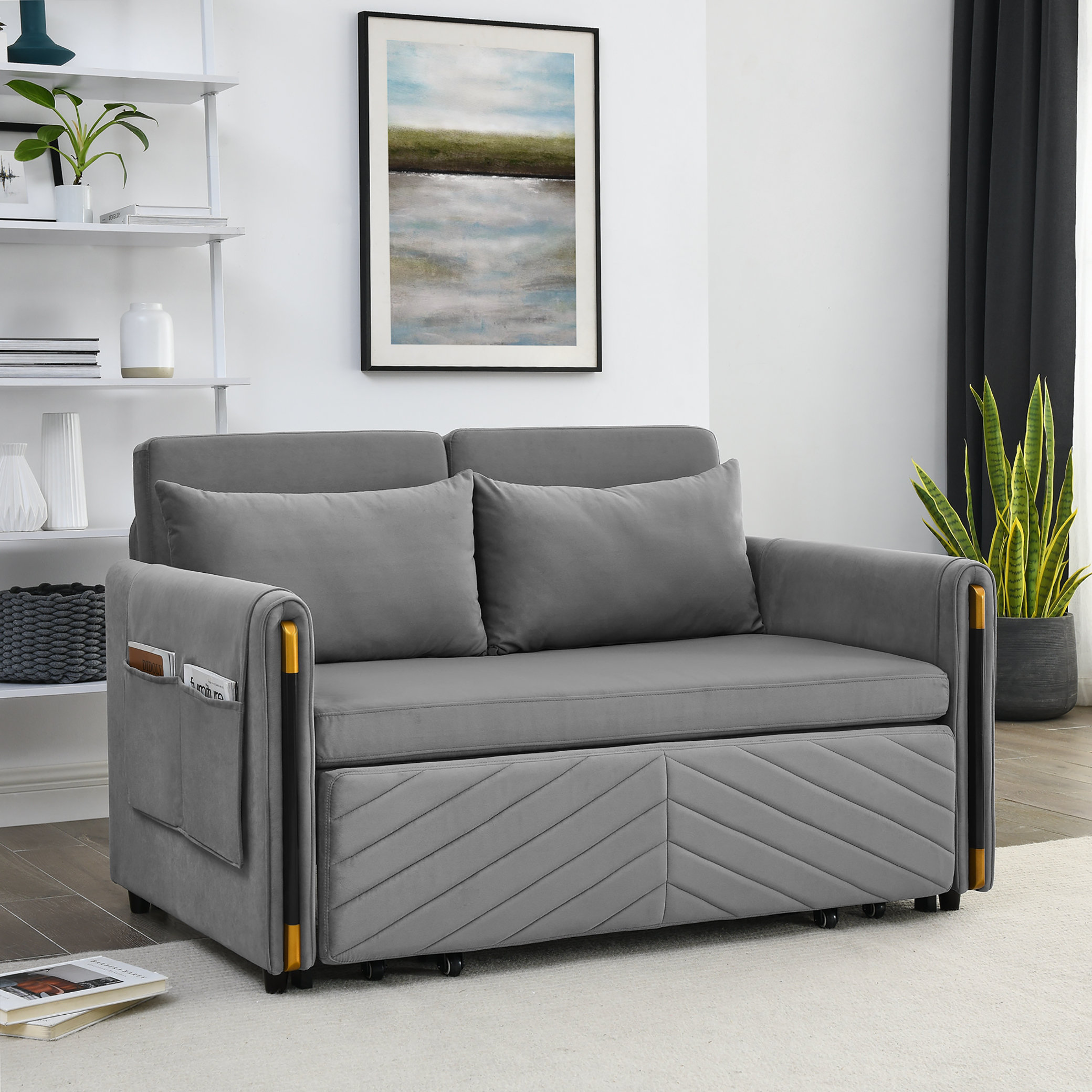 Everly Quinn Kemauri 54'' Sleeper Sofa Bed Loveseat with 2 Pillows and ...