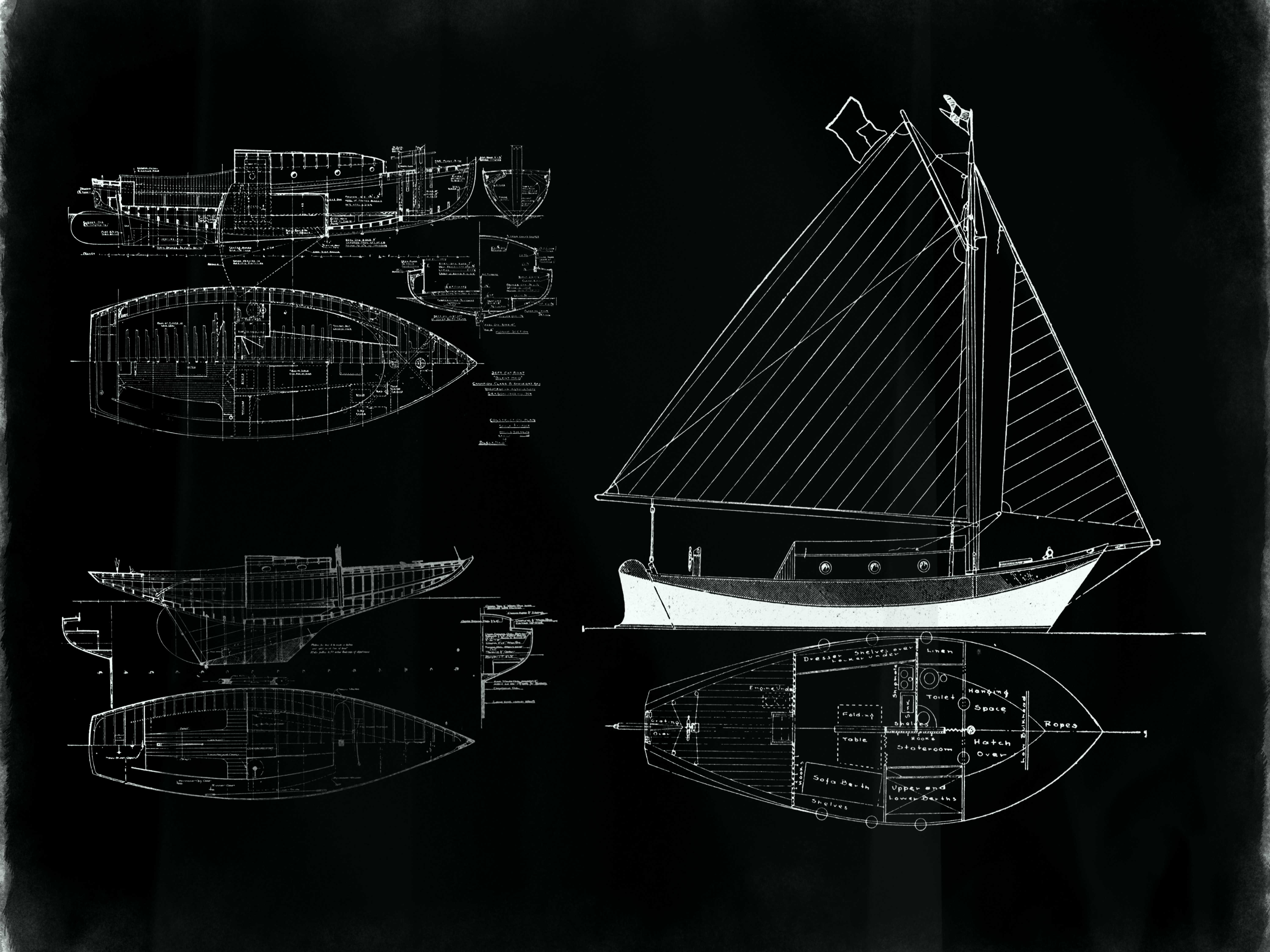 Williston Forge Boat Blueprint Black - Wrapped Canvas Print | Wayfair