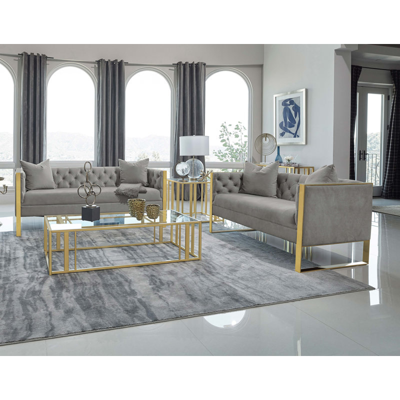 Everly Quinn Eastbrook 2-Piece Velvet Upholstered Tufted Sofa Set Grey ...