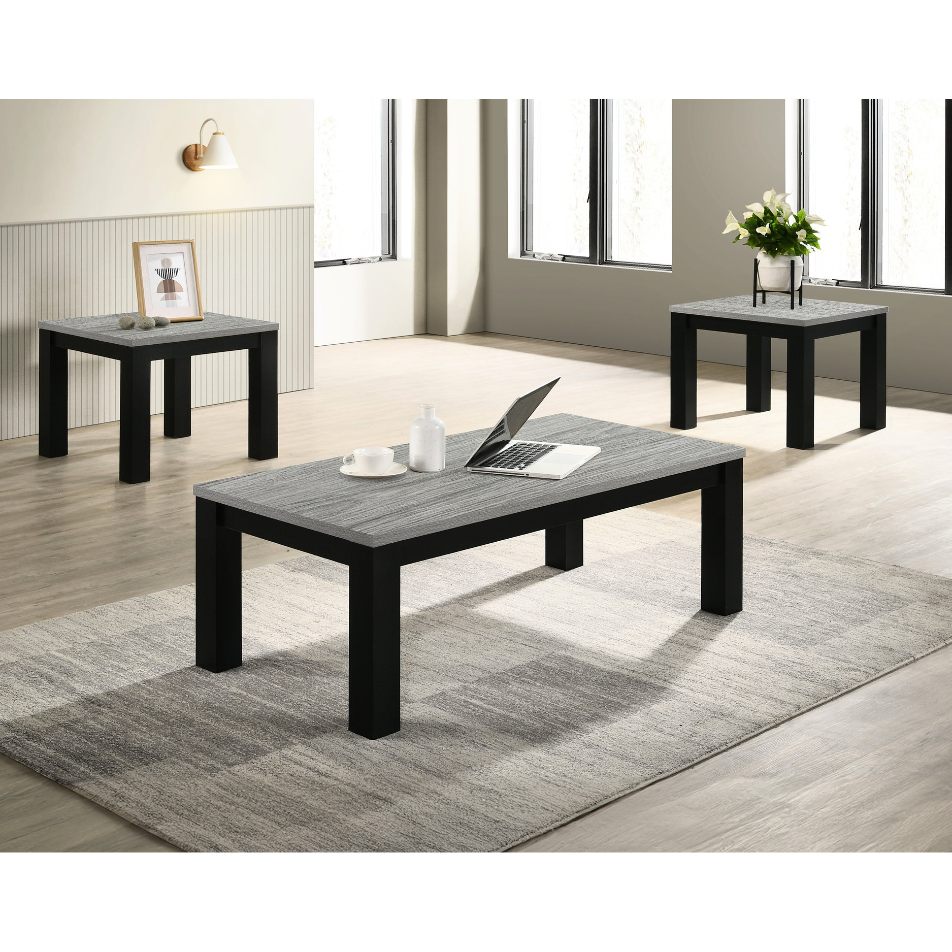 Latitude Run® Stylish Gray Black Living Room Table - 3 Of Wooden Coffee ...