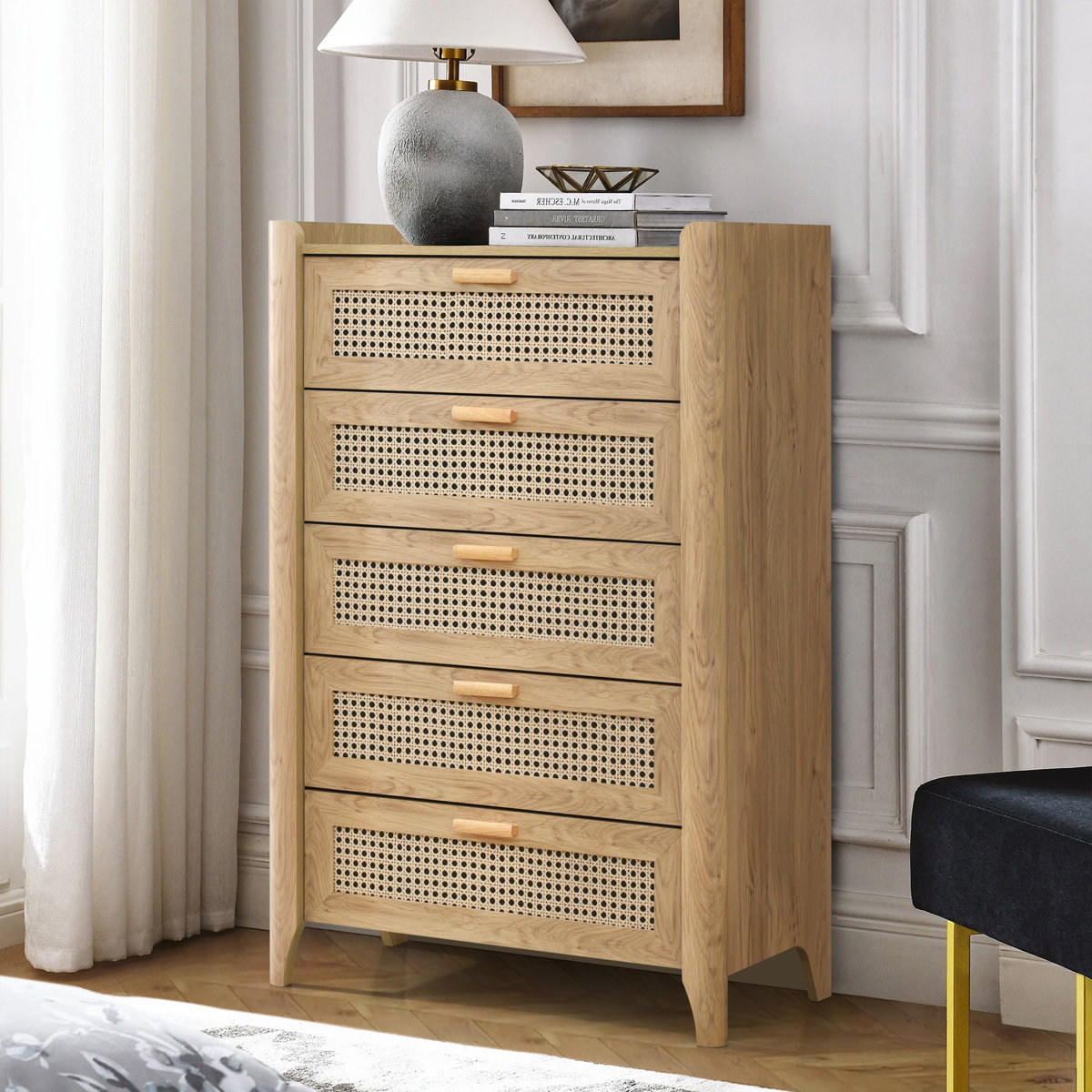 Bay Isle Home™ Fake Rattan 5 Drawers Dresser with Pre-Assembled ...