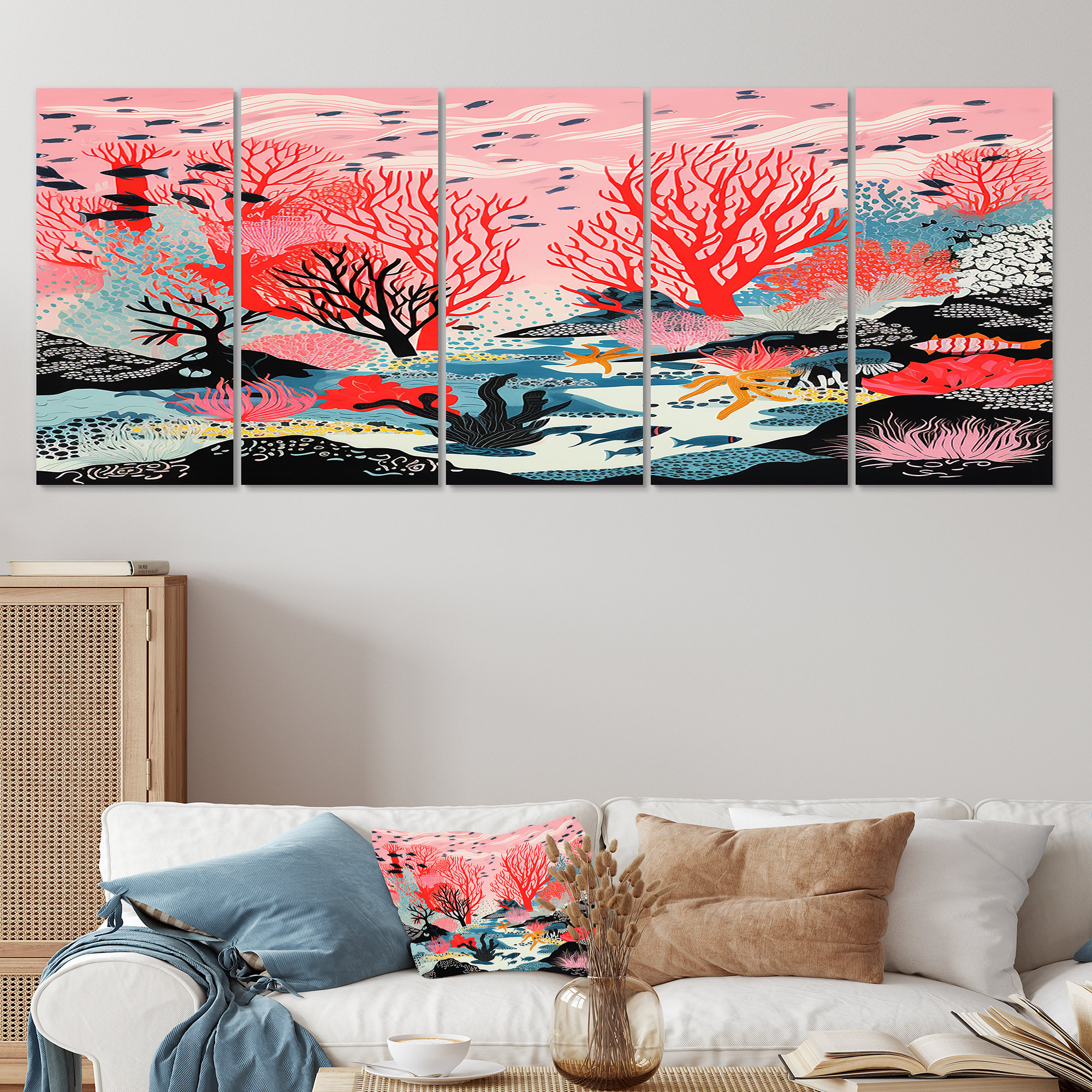Design Art Deep Ocean Red Coral With Fishes Illustration - Coral Wall ...