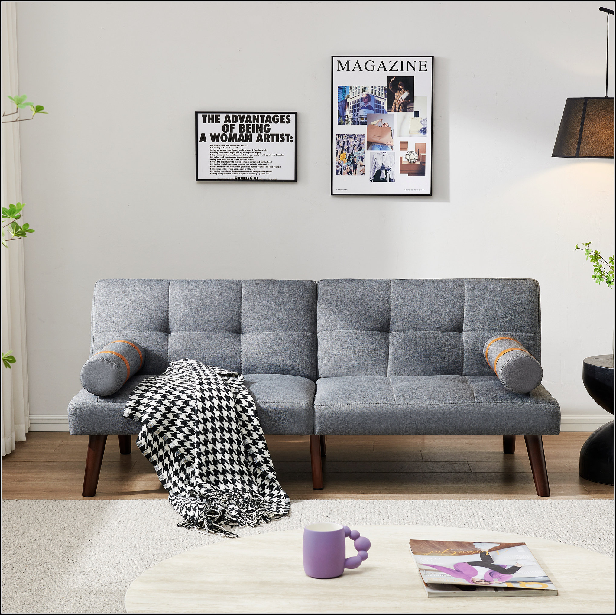 Ebern Designs Convertible Sofa Bed Futon with Solid Wood Legs Linen ...