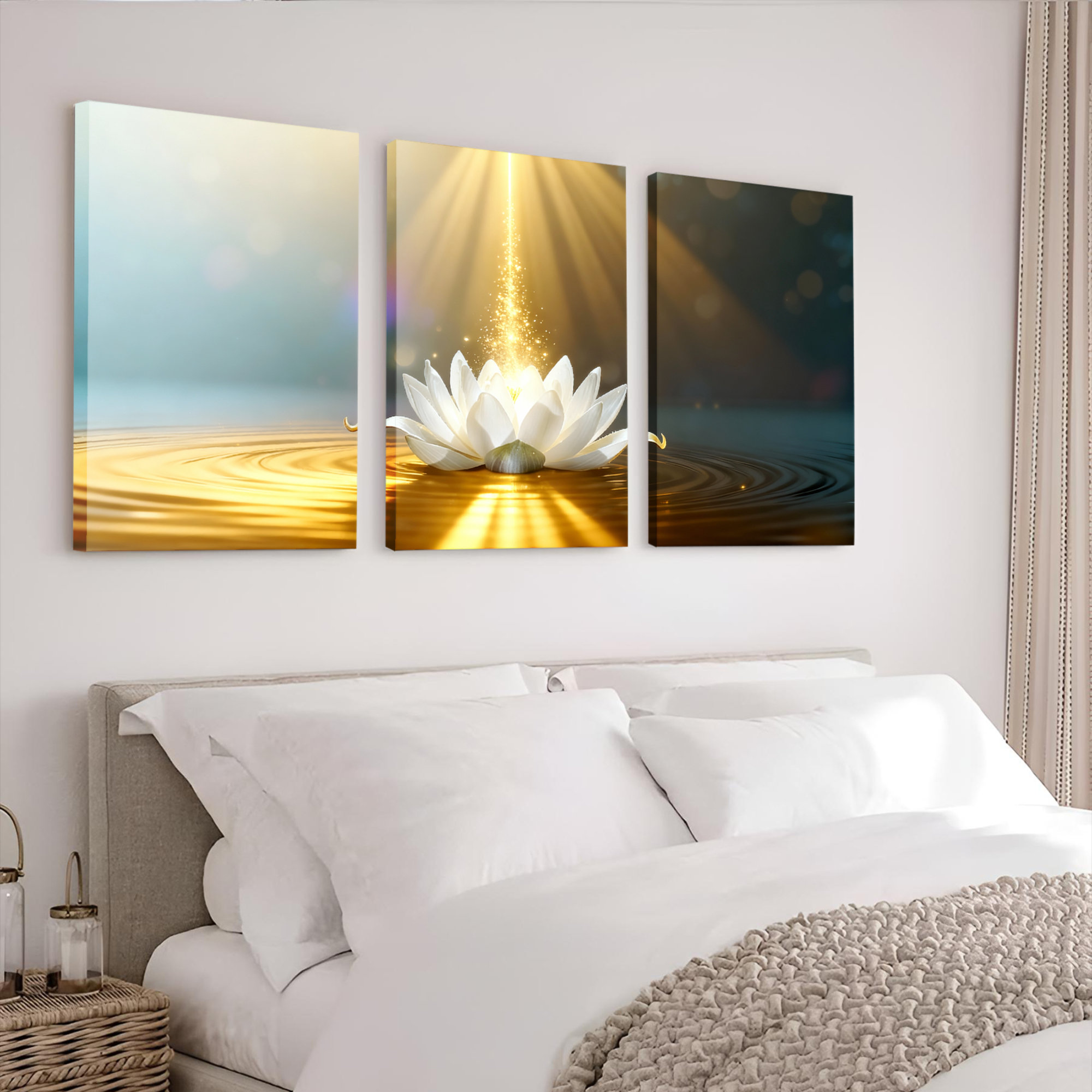Dakota Fields Golden Lotus Flower Light Ray Canvas Wrapped Wall Art Oil Painting Print Set of 3 ...